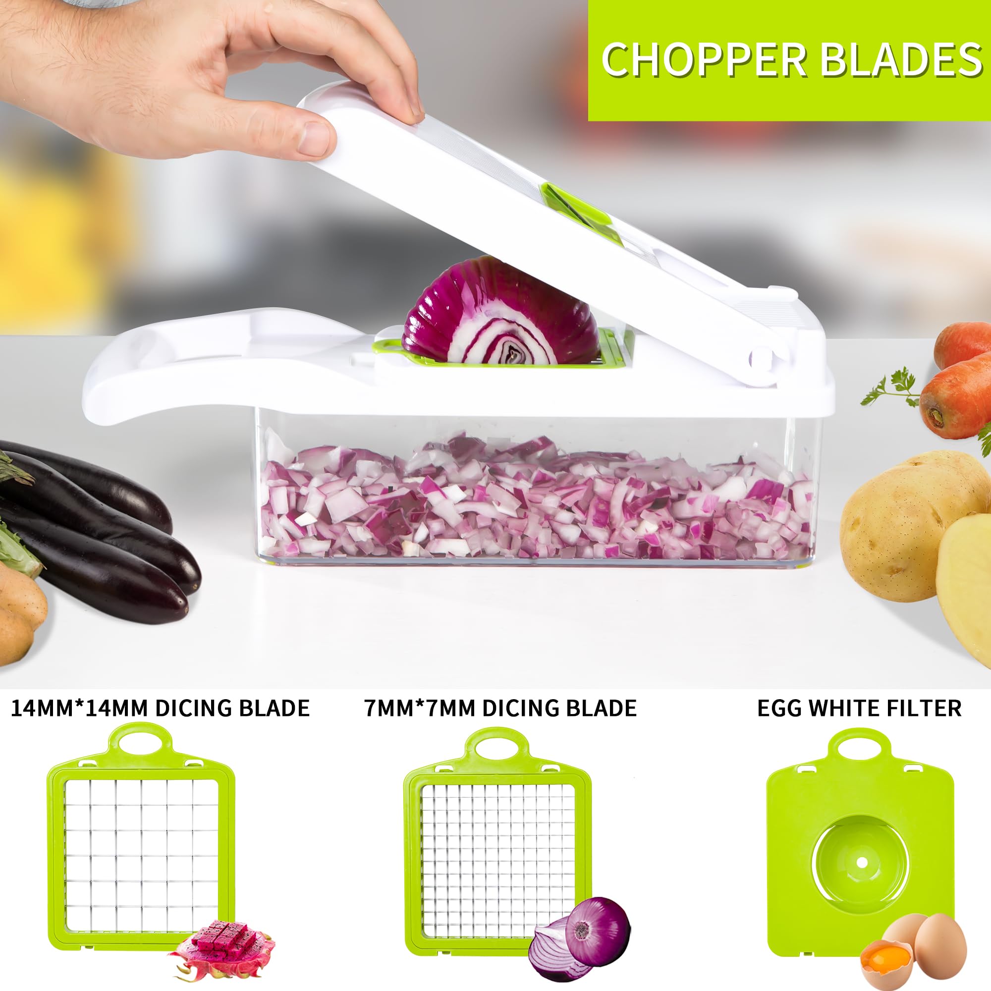 Vegetable Chopper, 15 in1 Vegetable Slicer Onion Mincer Cutter, Dicer Egg Slicer, Mandoline Slicer, Onion Cheese Fruit Cutter, Grape Vegetable Dicer, Food Processor Kitchen Gadget with Container