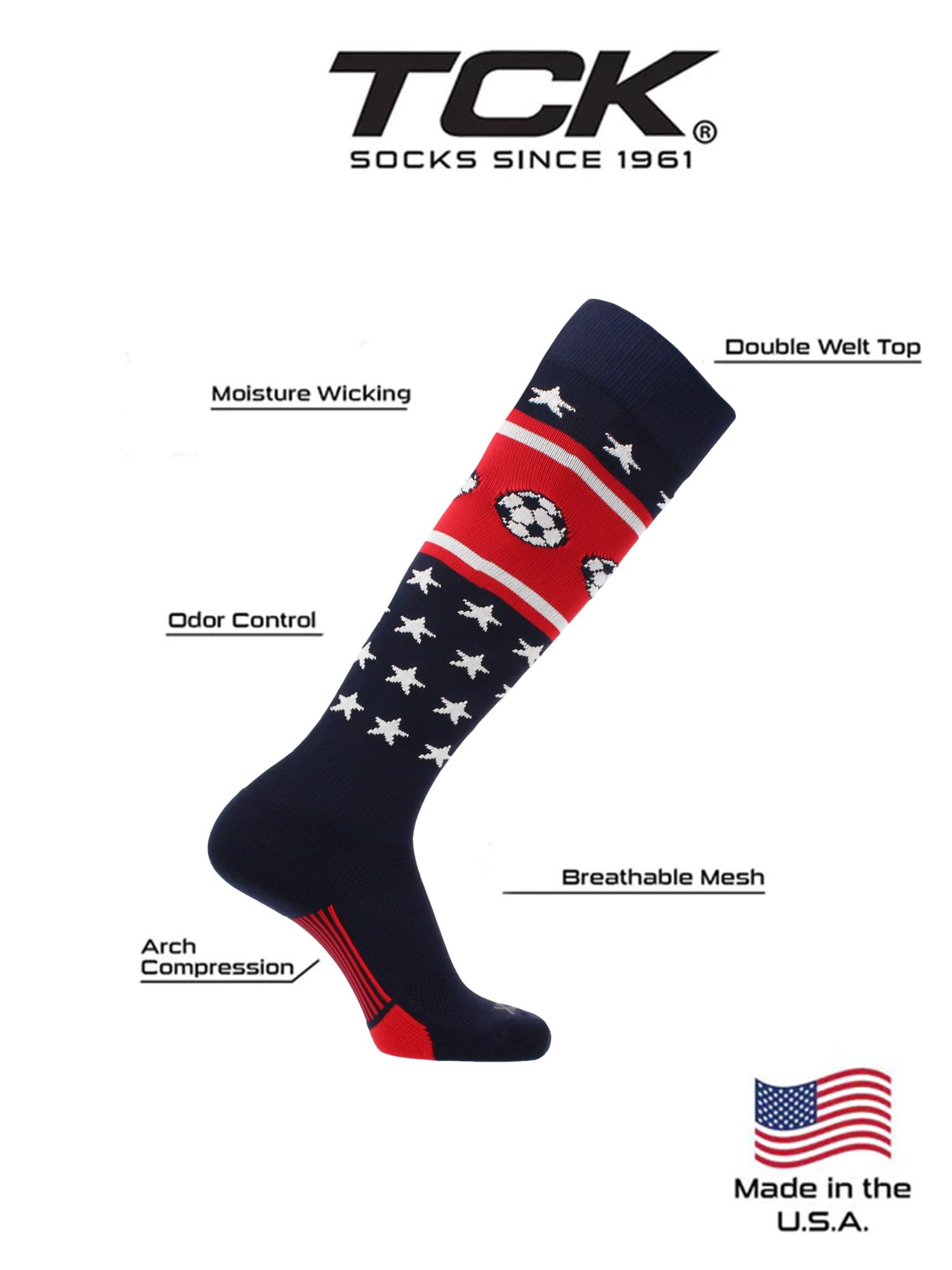 TCK Patriotic USA Soccer Socks (Navy/Scarlet/White, Medium)