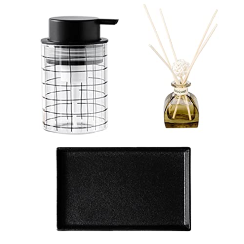 XOUVY Cute Foaming Soap Dispenser-Tray Set,Advanced Black Plaid Glass Hand Lotion Dispenser,Modern Pump Bottle for Bathroom Kitchen Home Decor ()