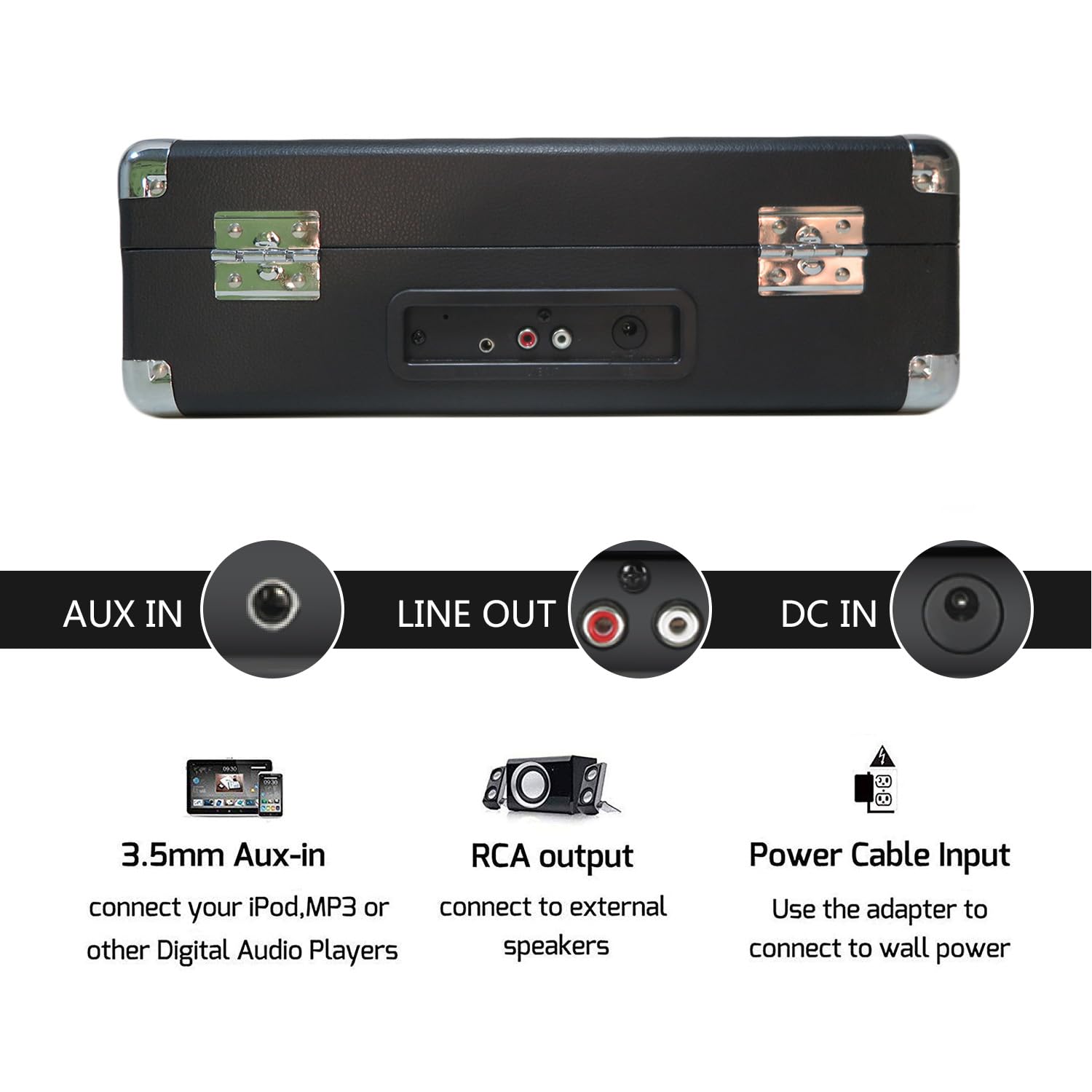 Vinyl Record Player 3 Speed Turntable with Bluetooth, USB/SD Play&Recording, Built in Battery, Line Out, AUX in, Earphone Jack, Replacement Needle