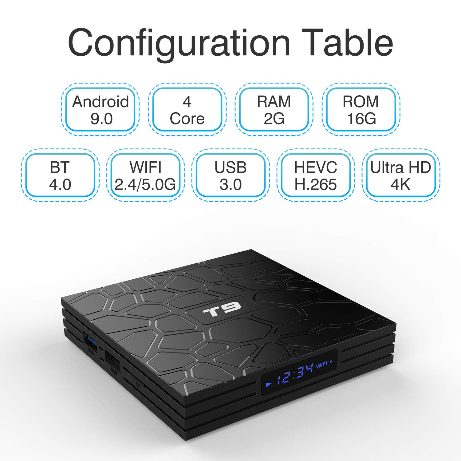 T9 Android TV Box, Android 9.0 TV Box 2GB RAM 16GB ROM with RK3318 Quad-core BT4.0 Support Dual WiFi 2.4G+5.0G 3D 4K Smart TV Box