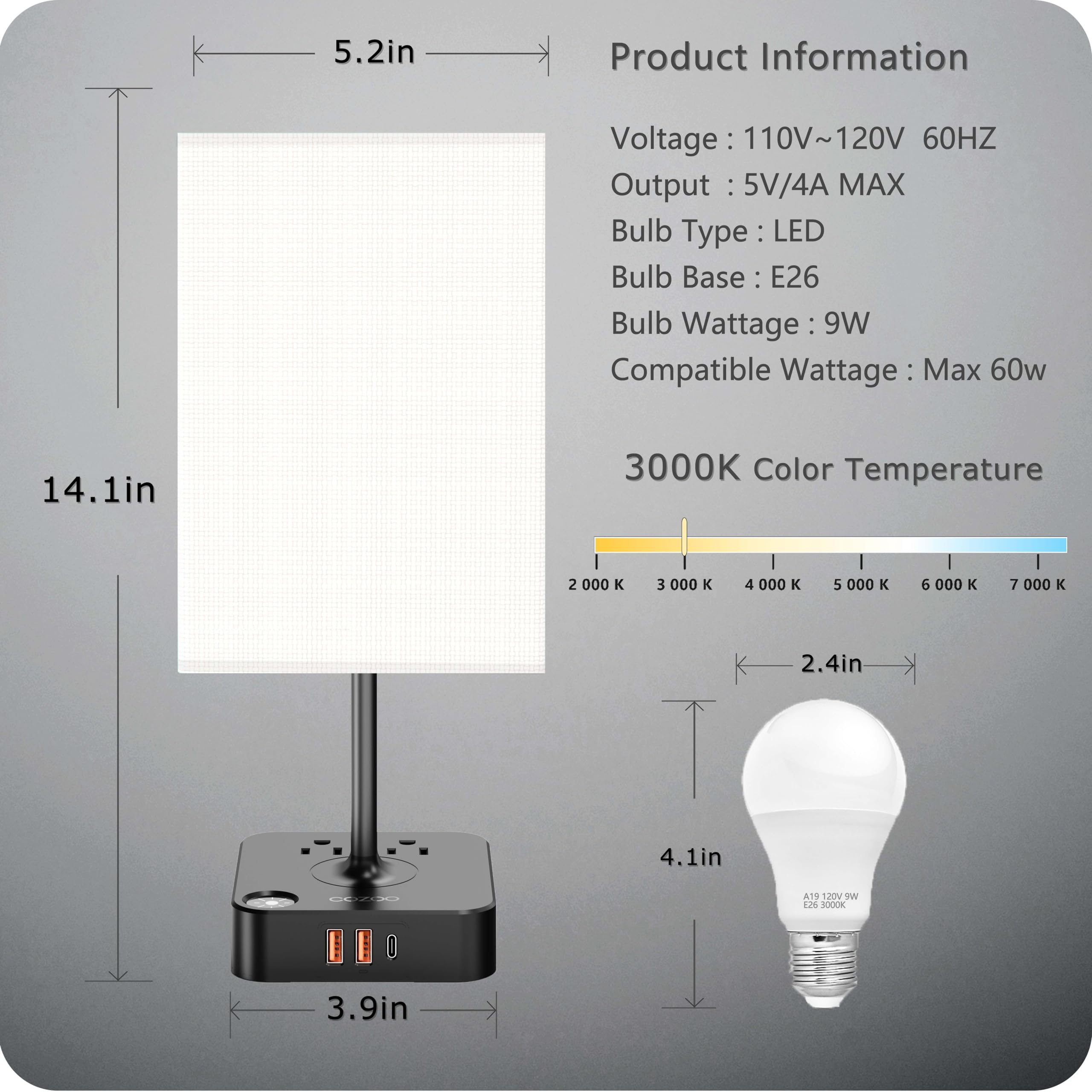 Table Lamp Dimmable cozoo USB Bedside Table Desk Lamp with 3 USB Charging Port(A+C) 2 Outlet,Nightstand Lamp with Charger Base White Fabric Shade,LED Touch Lamp for Bedroom/LivingRoom/Dorm/Home Office