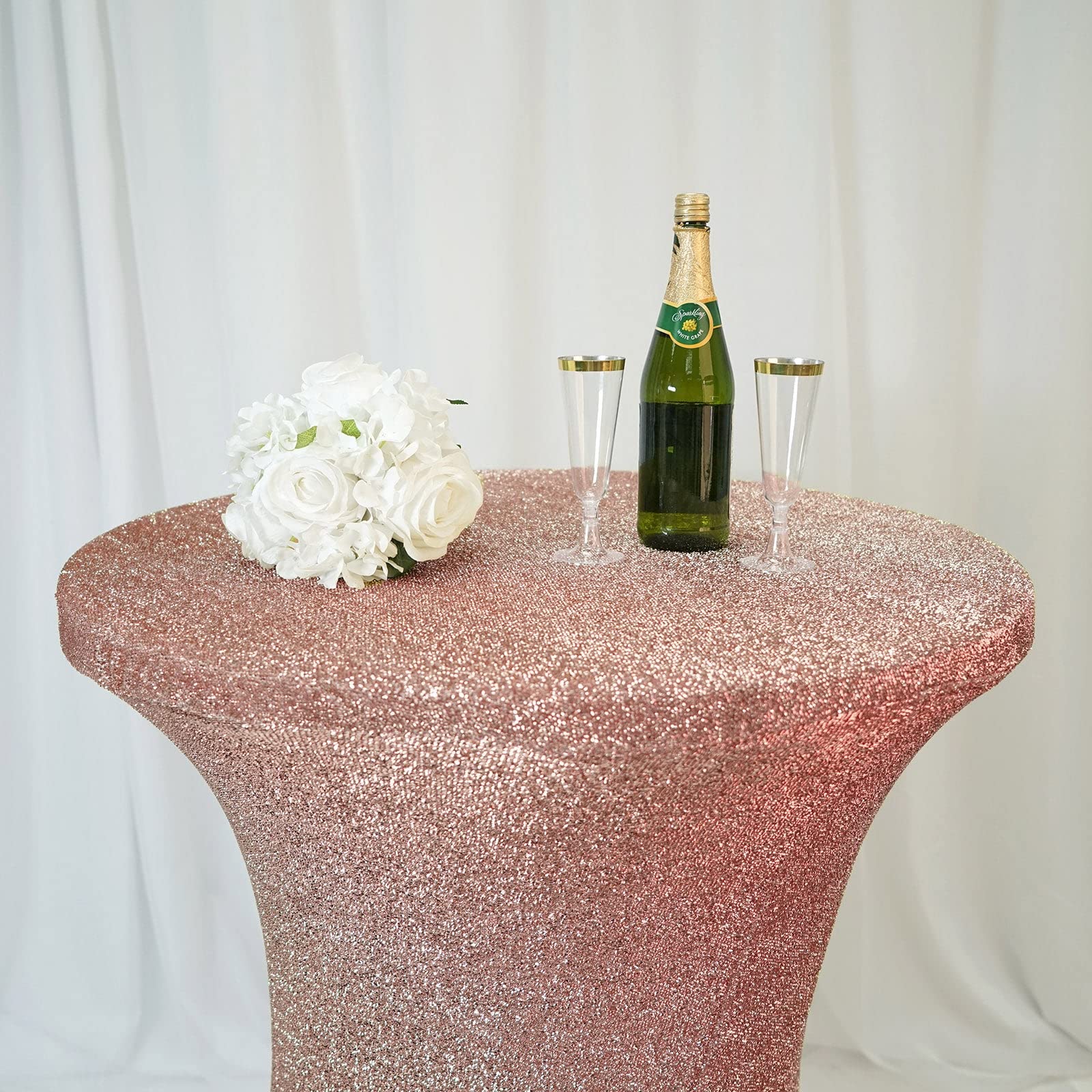 TABLECLOTHSFACTORY Rose Gold Wholesale Stretchy Spandex Tablecover Glitz Tablecloth for Cocktail Table Wedding Restaurant Tablecloth