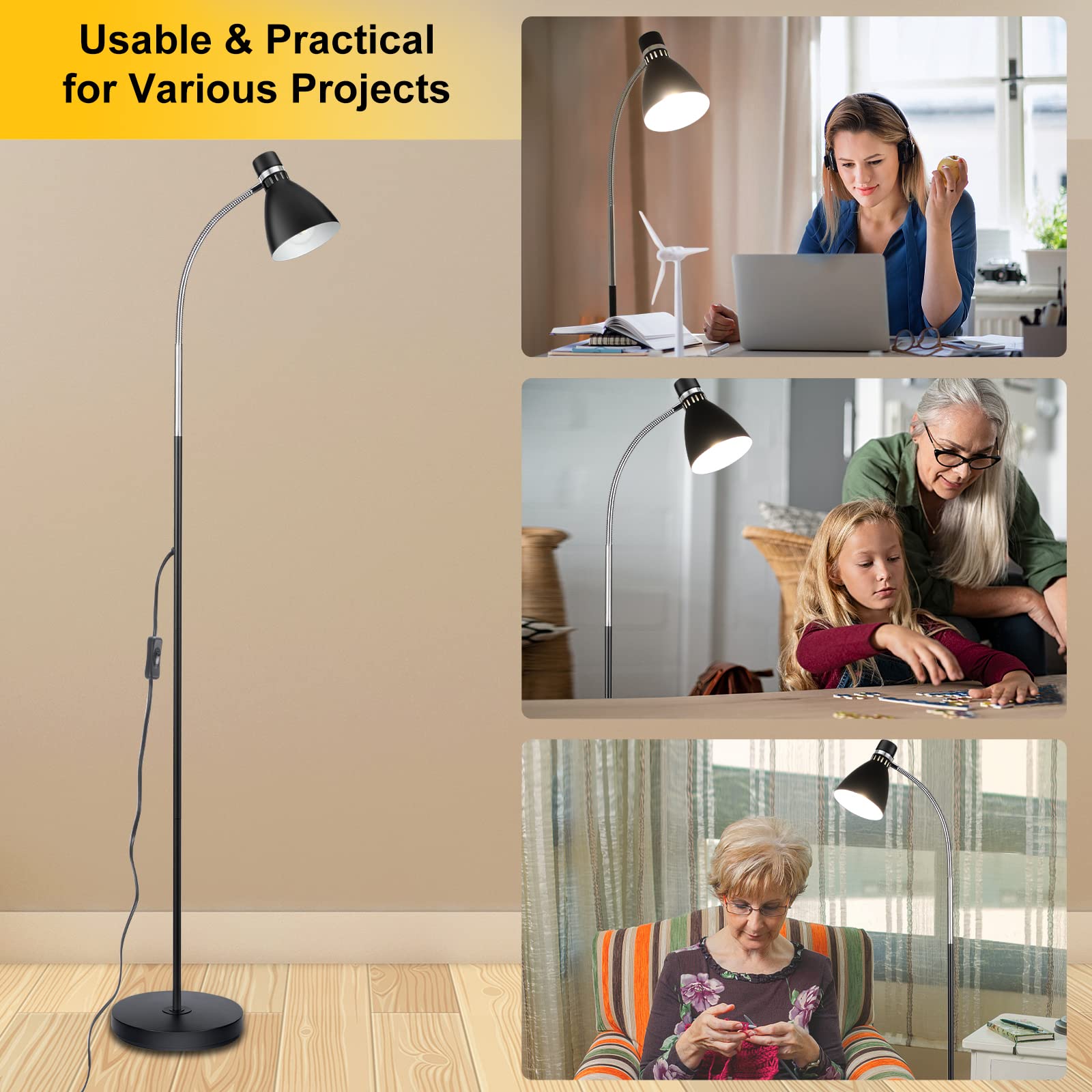 TJBIN Adjustable Gooseneck Floor Lamp White,Floor Reading Lamp for Bedroom, Grow Light for Indoor Plants. Minimalist Standing Lamp & Small Task Floor Light