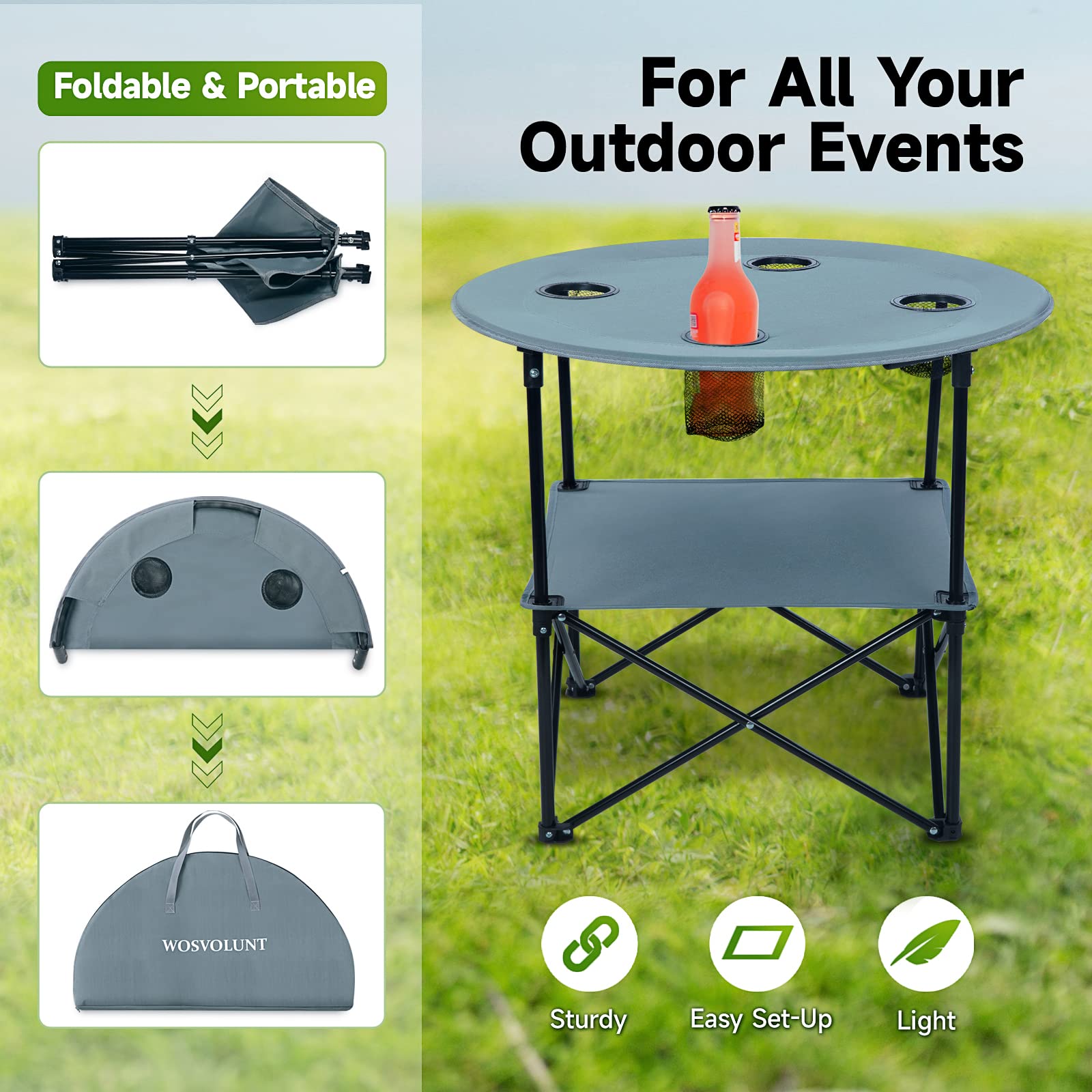 WOSVOLUNT Portable Camping Table Folding Pop up Tables Lightweight Beach Table for Sand Canvas Picnic Table Round Camping Side Table with Cup Holder for Outdoor, Tailgating,Travel