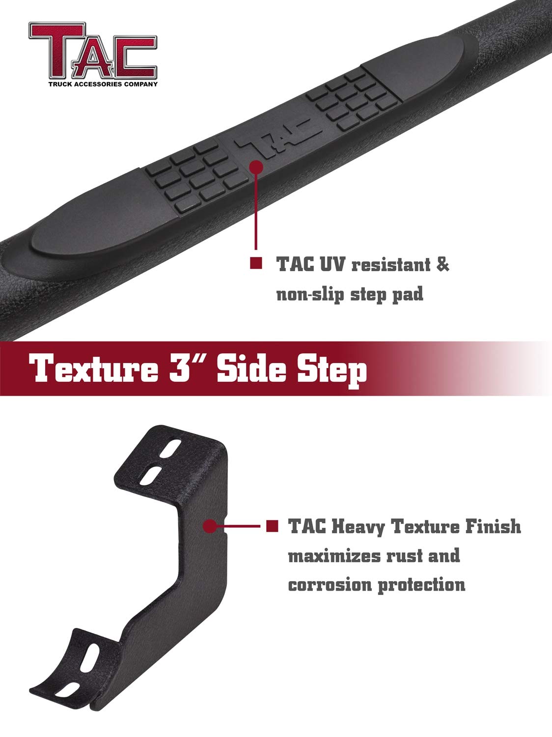 TAC 3” Side Steps Compatible with 2019-2024 Ford Ranger SuperCrew Truck Pickup Texture Black Running Boards Nerf Bars Side Bars Off Road Accessories 2pcs