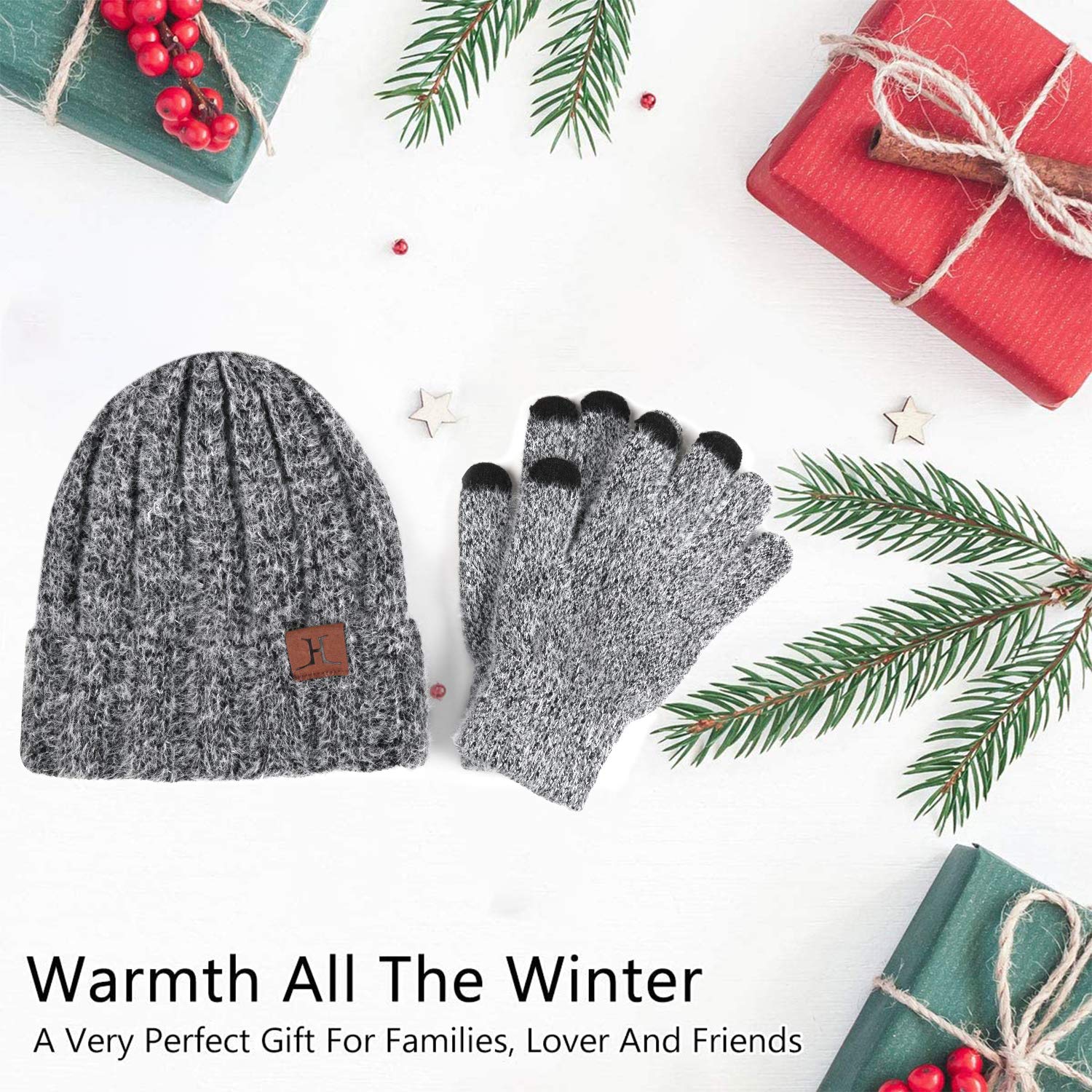 Womens Winter Warm Knit Beanie Hat Touchscreen Gloves Set with Fleece Lined Skull Cap Gloves Set for Women
