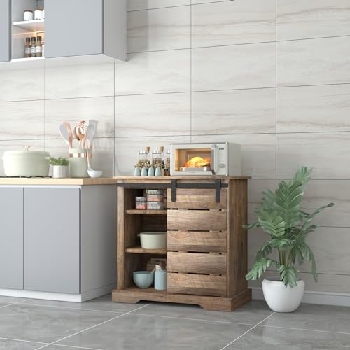 Wonder Comfort Sideboard Buffet Cabinet,Kitchen Storage Console Table with Sliding Barn Door for Living, Dining Room, Bedroom, Entryway, Rustic Brown