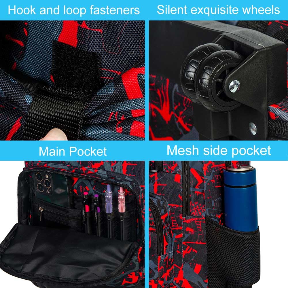 ZLYERT 3Pcs Rolling Backpack for Boys Men, Travel Roller Backpacks with Wheels for Adults, Teens College Graffiti Wheeled Bookbag with Lunch Box(Blue)