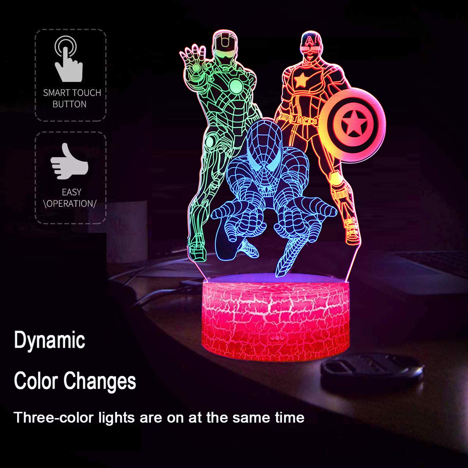 XXMANX Boys Toys Night Light for Kids, 3D Illusion Lamp Touch Control Dynamic Colors Changing with 3 Pattern Kids Toys Christmas Gifts for Men Boys