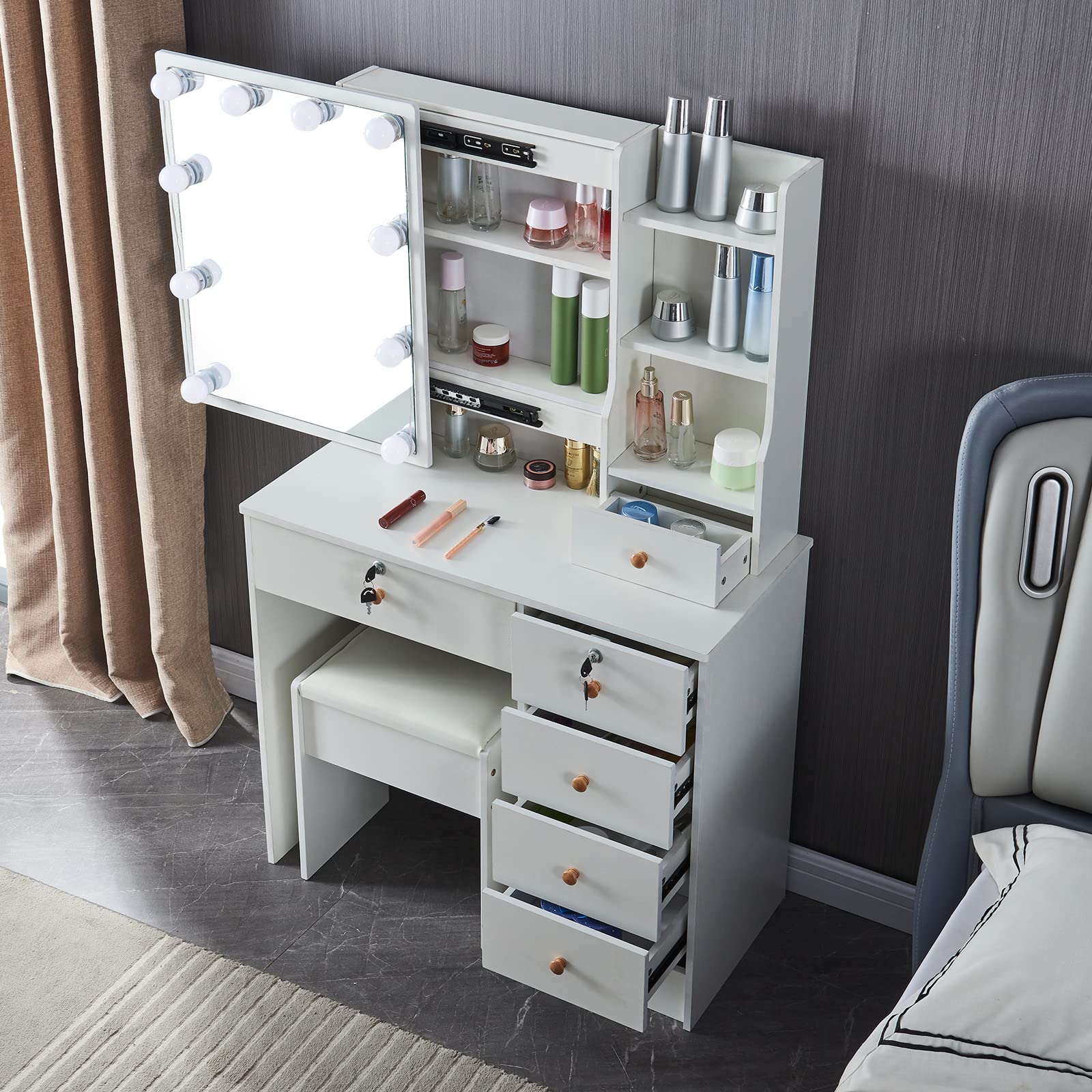 Vanity Desk, Makeup Vanity Dressing Table with Mirror and 3 Lighting Modes Brightness Adjustable, Bedroom Set with Drawers, Shelves for Women, Girls