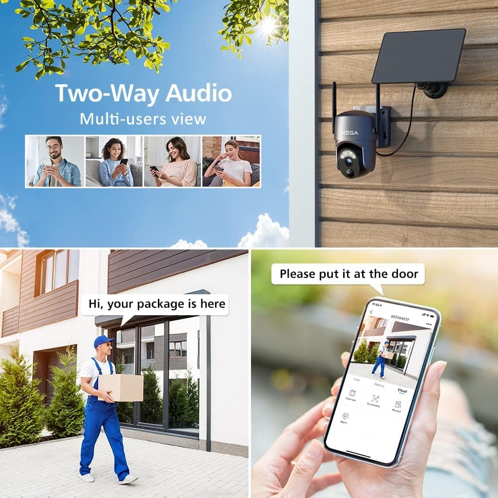 Xega 2 Pack Security Camera Wireless Outdoor 2K 360° PTZ Camera Solar Security Cameras for Home Surveillance 2.4G WiFi Spotlight & Siren Color Night Vision PIR Motion Detection 2-Way Talk IP66