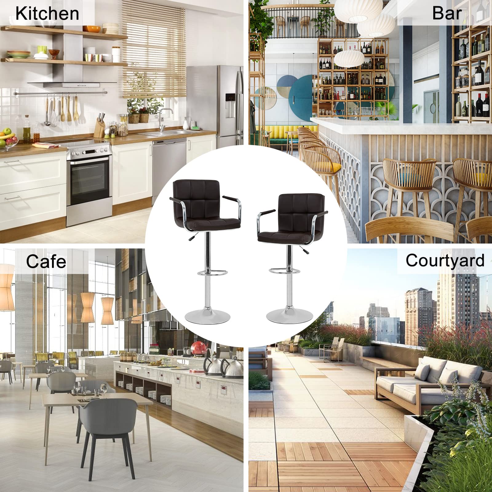 Tyyps Bar Stools Set of 2 Black Bar Chairs Arms, 360 Degree Swivel Counter Height Stools Adjustable Bar Stool Back and PU Leather Bar Chair Modern Island Chairs for Kitchen Dining Room Pub (White)
