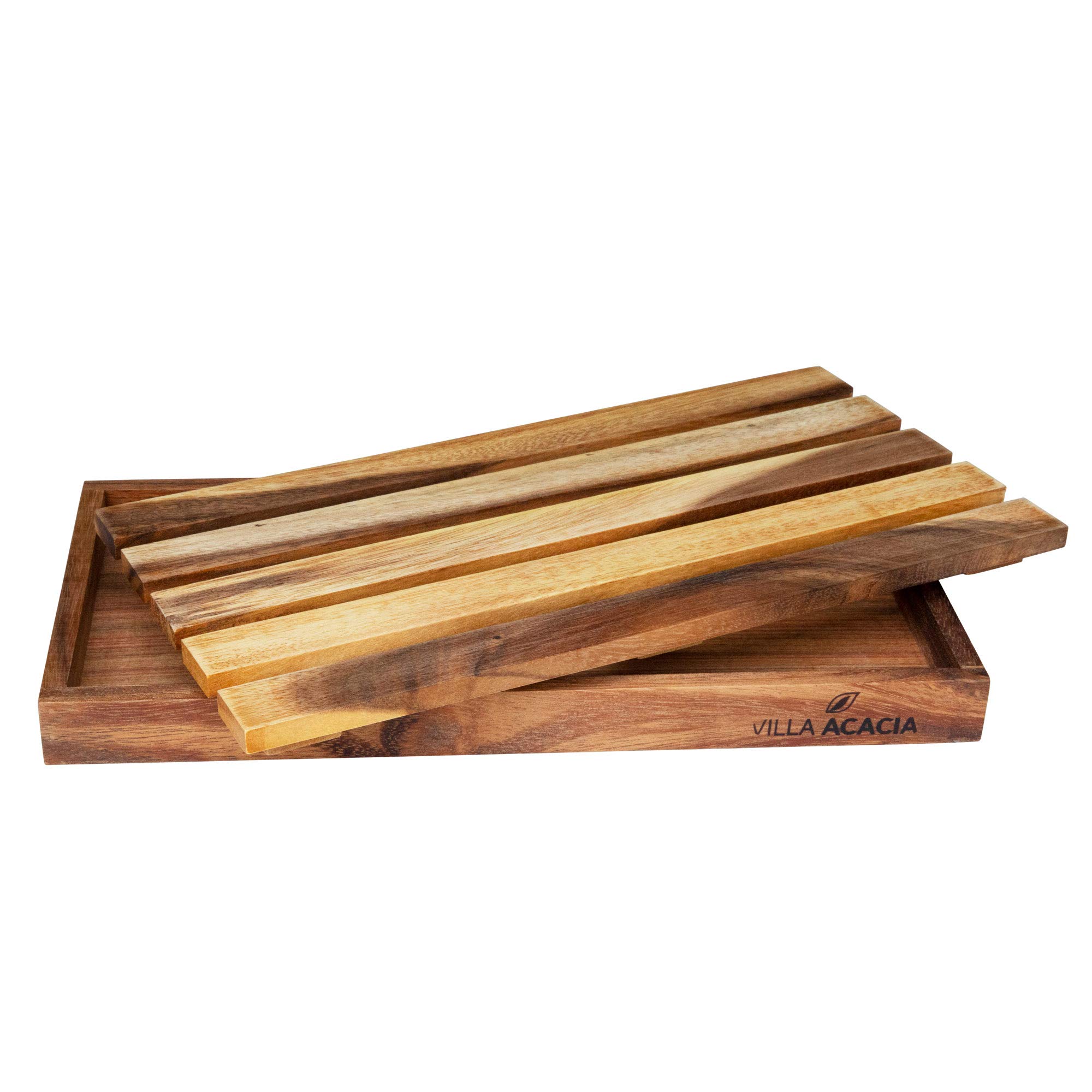 Villa Acacia Wood Bread Board - 12 x 7 in Handcrafted Wooden Cutting Board Slicer Tray with Handle Medium