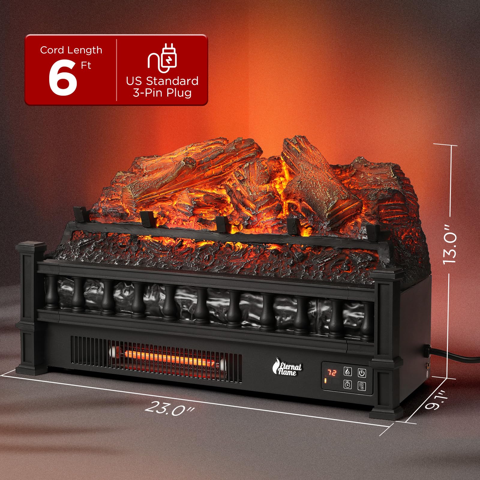 TURBRO Eternal Flame Infrared Electric Fireplace Logs, 23" Infrared Quartz, Remote Control Fireplace Insert Log Heater, Realistic Lemonwood Ember Bed, Thermostat, Timer, 1500W Black