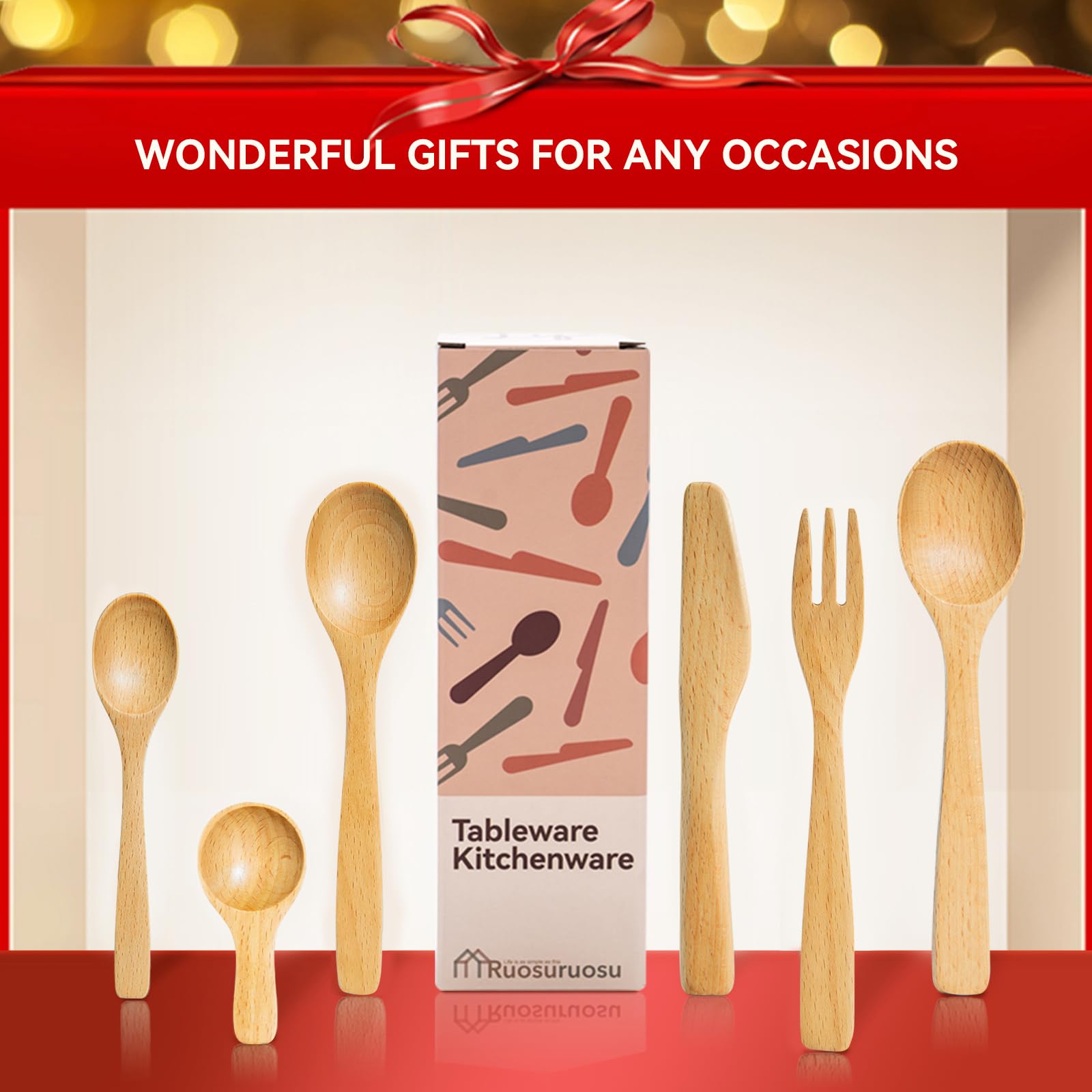 Wooden Spoon for Eating, Fork and Knife Set(6 pcs), Salad Spoon, Spreader Knife, serving spoon, Small Scoops for Canisters, Coffee Spoon, Portable Travel Tableware, Natural Wood Cutlery Set Reusable