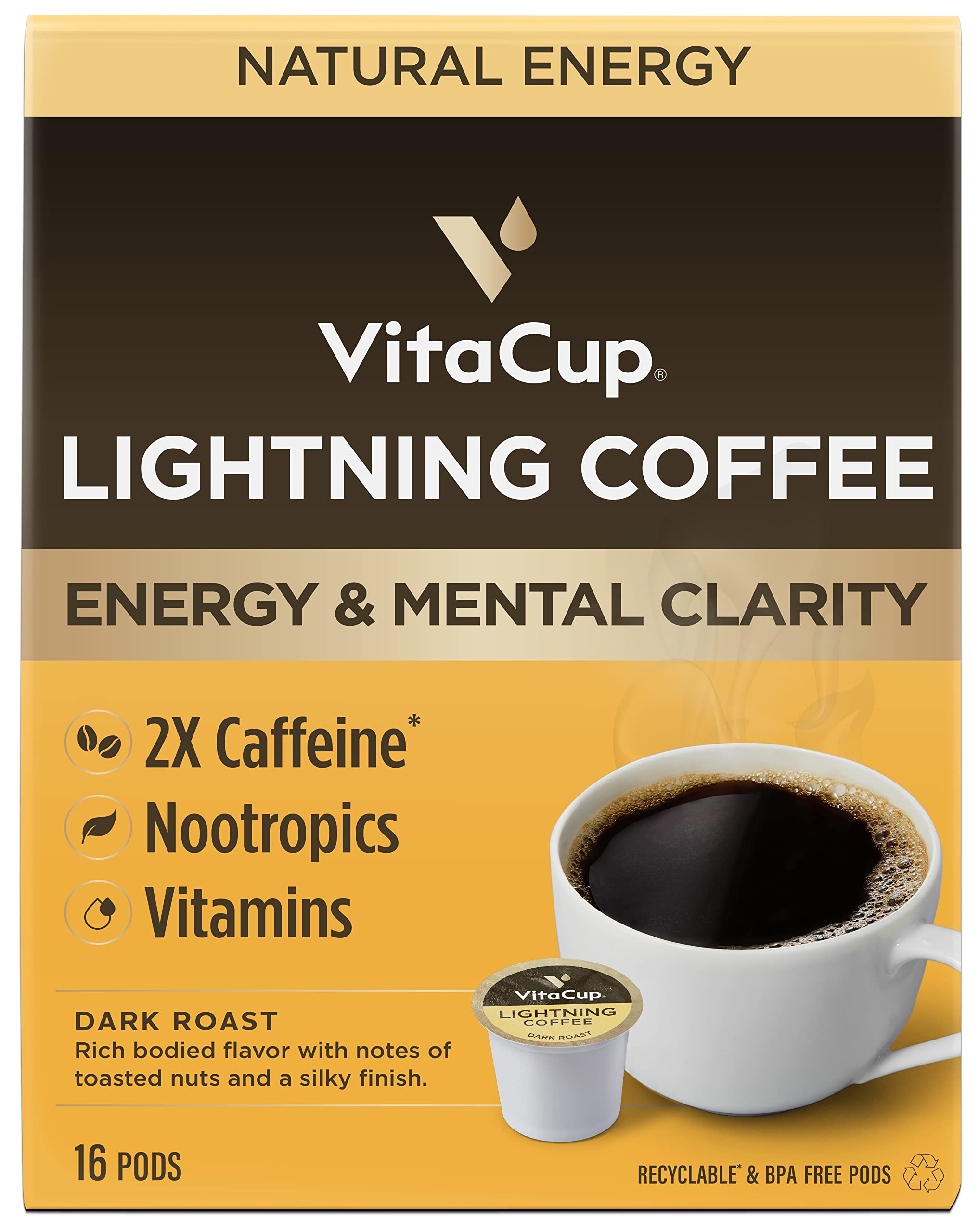 VitaCup Lightning Coffee Pods, Enhance Memory & Focus w/ 2X Caffeine,16CT | Energy Dark Roast Coffee Pods, Boost Focus & Metabolism, Antioxidants, B Vitamins, Bold & Smooth 16CT