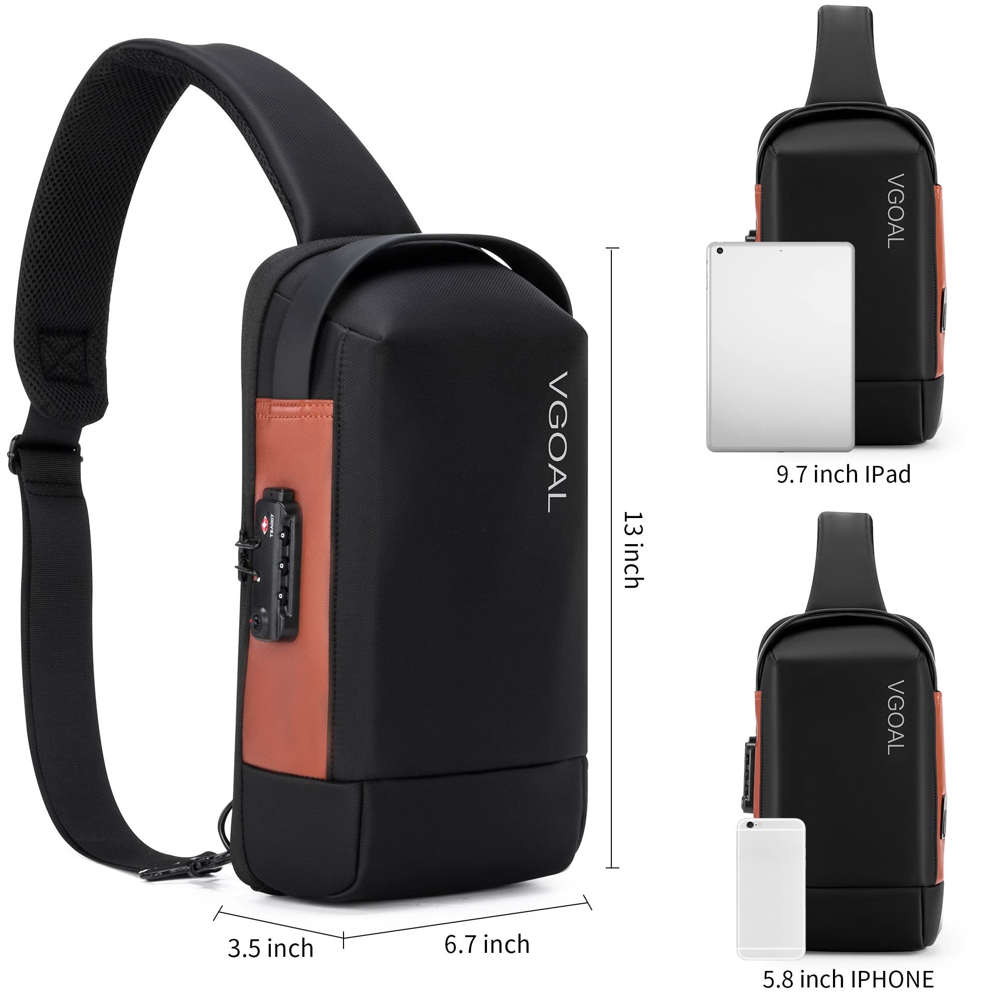 VGOAL Sling Backpack Men'S Chest Bag Shoulder Crossbody Sling Backpack with TSA Lock and USB Charging Port