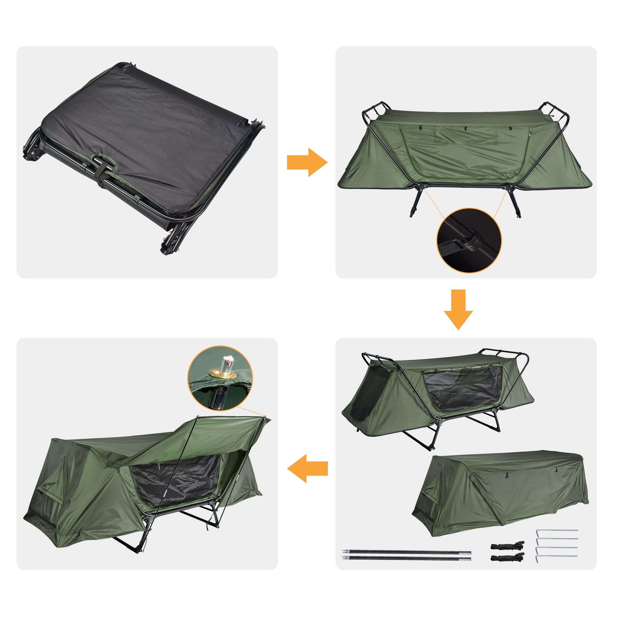 Yescom Single Tent Cot Folding Cot Tent with Rain Fly Bag Portable Waterproof Bed Sturdy Tent Cots for Outdoor, Camping, Hiking - Green