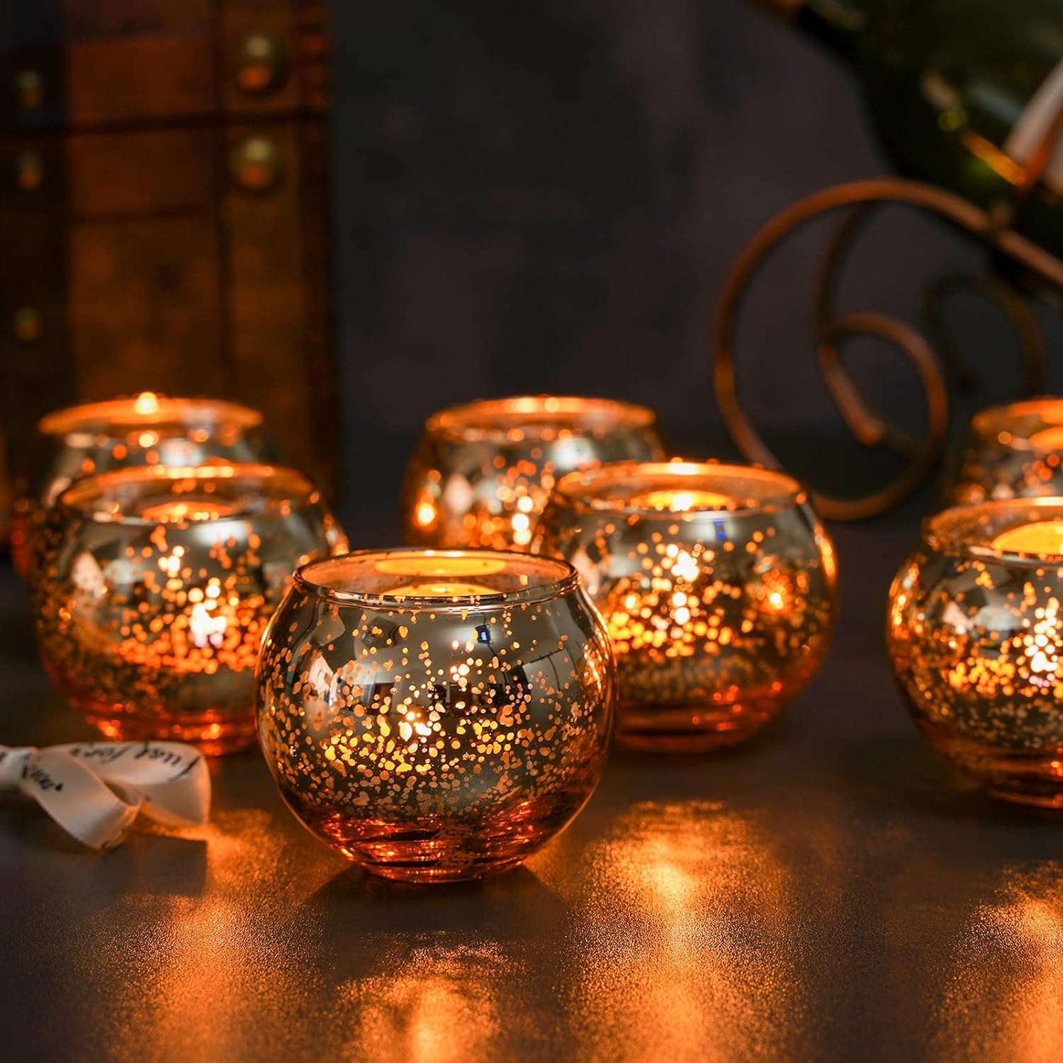 Tebery 12 Pack Round Gold Votive Candle Holders, 2-Inch Glass Tealight Candle Holder for Table Centerpiece, Wedding Decoration, Party, and Home Decor