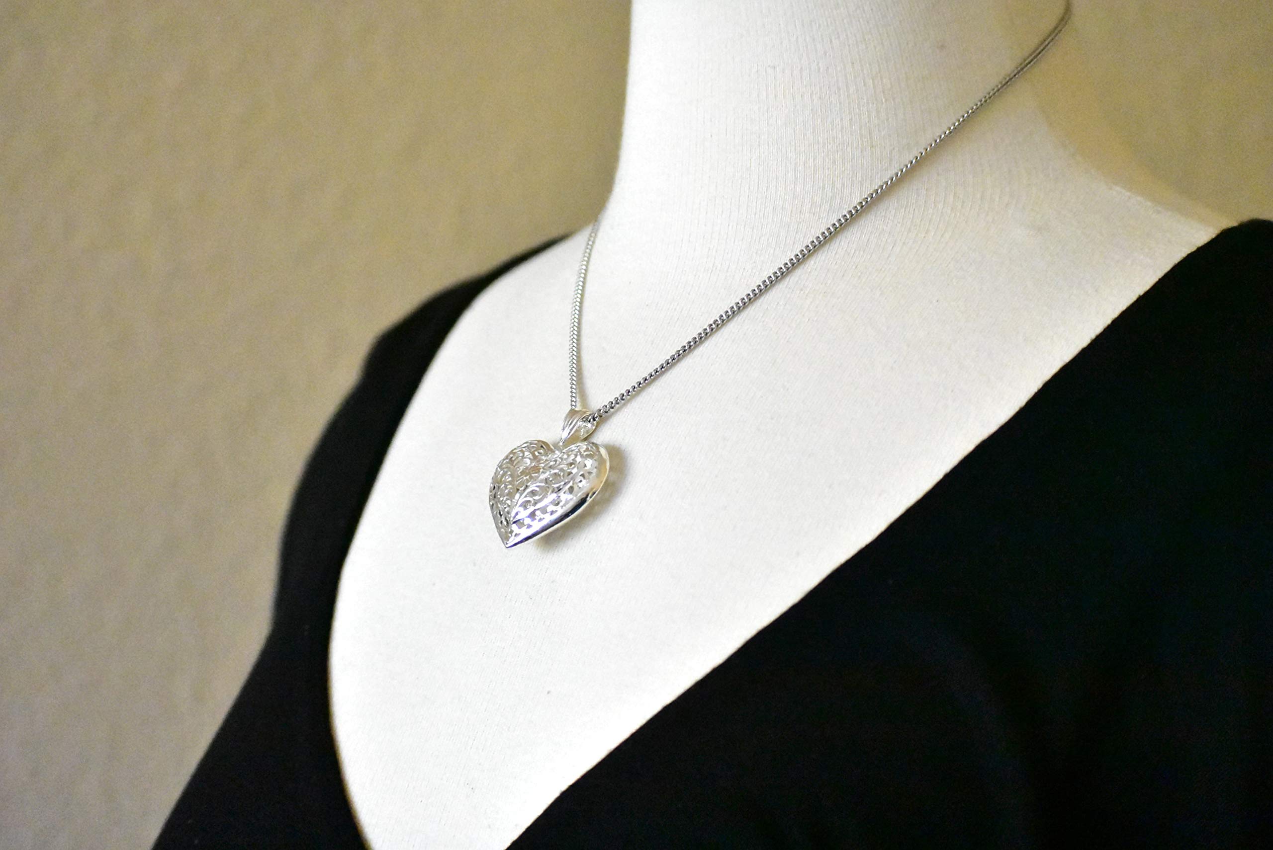 Sterling Silver Puffy Filigree Heart 3D Large Pendant Charm