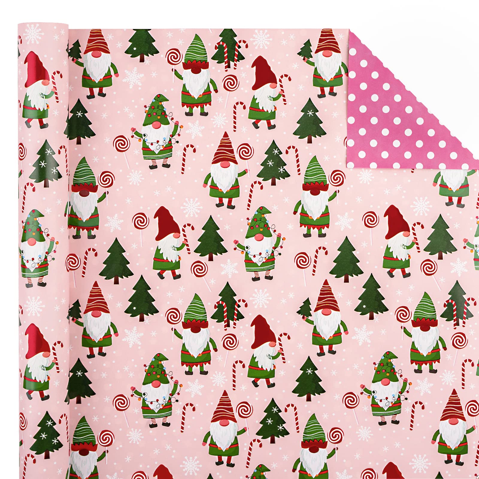 WRAPAHOLIC Reversible Christmas Wrapping Paper - Mini Roll - 17 Inch X 33 Feet - Red Green Gnome and Candy Canes, Pink and White Polka Dots Design for Holiday, Party, Celebration