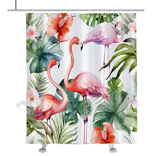 TheBlackSpot Flamingo Shower Curtain Sets Tropical Birds Summer Floral Palm Leaves Bath Curtains Christmas Decor Sets Grommet with Hooks 72W × 72H inches