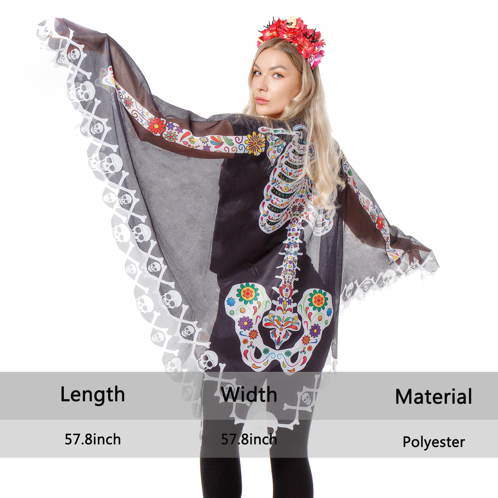 WATCPNO Halloween Skeleton Poncho for Women Day of The Dead Skeleton Costume Lace Skeleton Cape Shawl