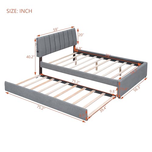 WOXYX Full Size Upholstered Platform Bed,Teddy Fleece Headboard with Trundle,Grey