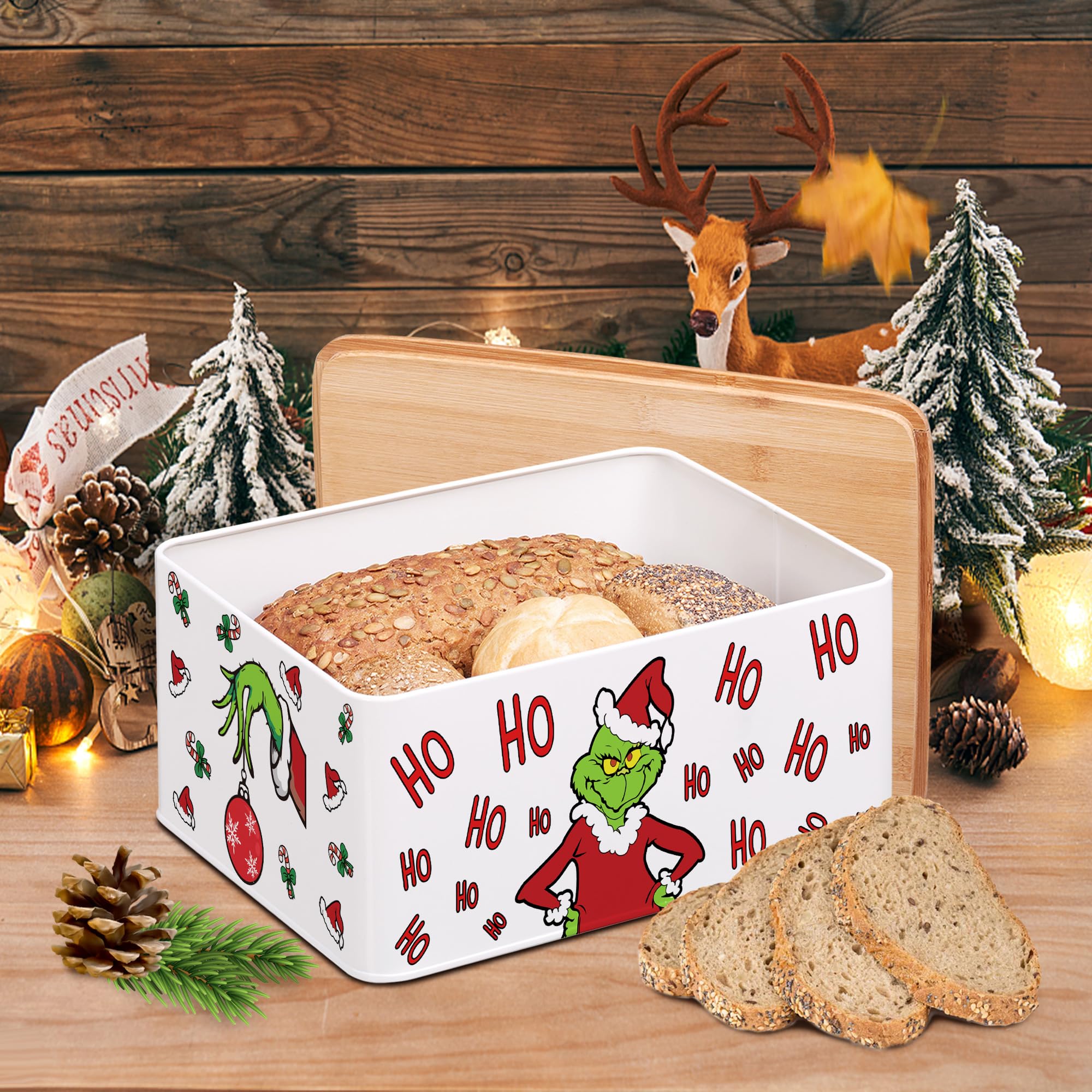 Two Bros. Repellent NOVIIML ead Box with Bamboo Cutting Board Lid, Modern Metal Bread Storage Container for Christmas Kitchen Decor, Christmas Kitchen Table Decorations Indoor Dining Room, for Women