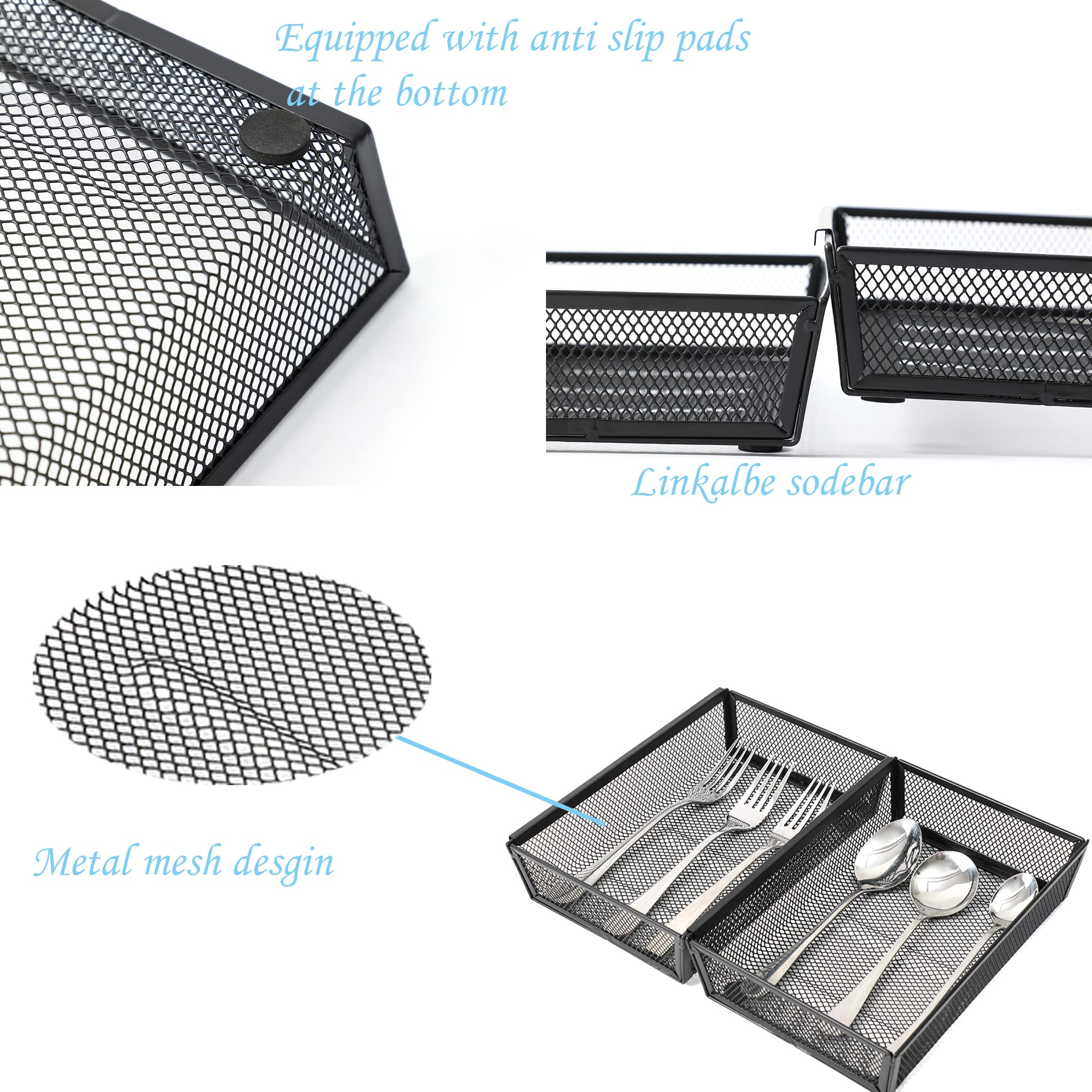 YFEEN Mesh Tray Kitchen Drawer Utensil Cutlery Tray Office Supplies with Inter-locking Arm Drawer Dividers Organizer for Silverware, Flatware, Home,Office, School,Bedroom(9"X6"4pack) Black