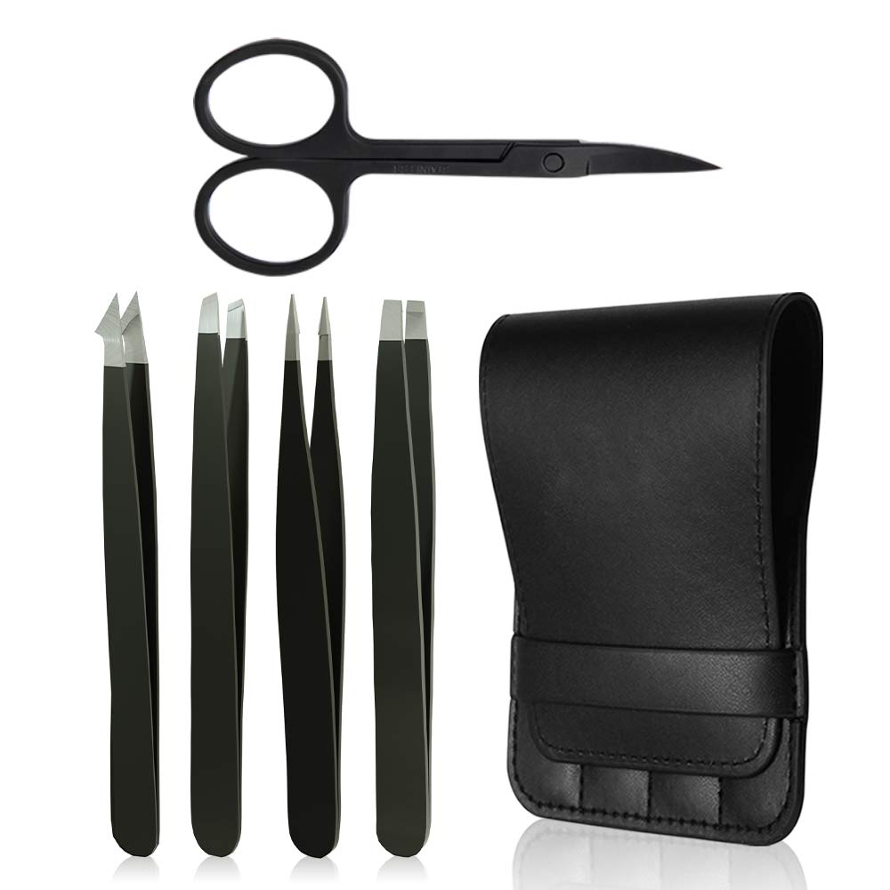 Tweezers for Eyebrows, Tweezer Precision for Eyebrows, Splinter & Ingrown Hair Removal 5 Piece (Black)