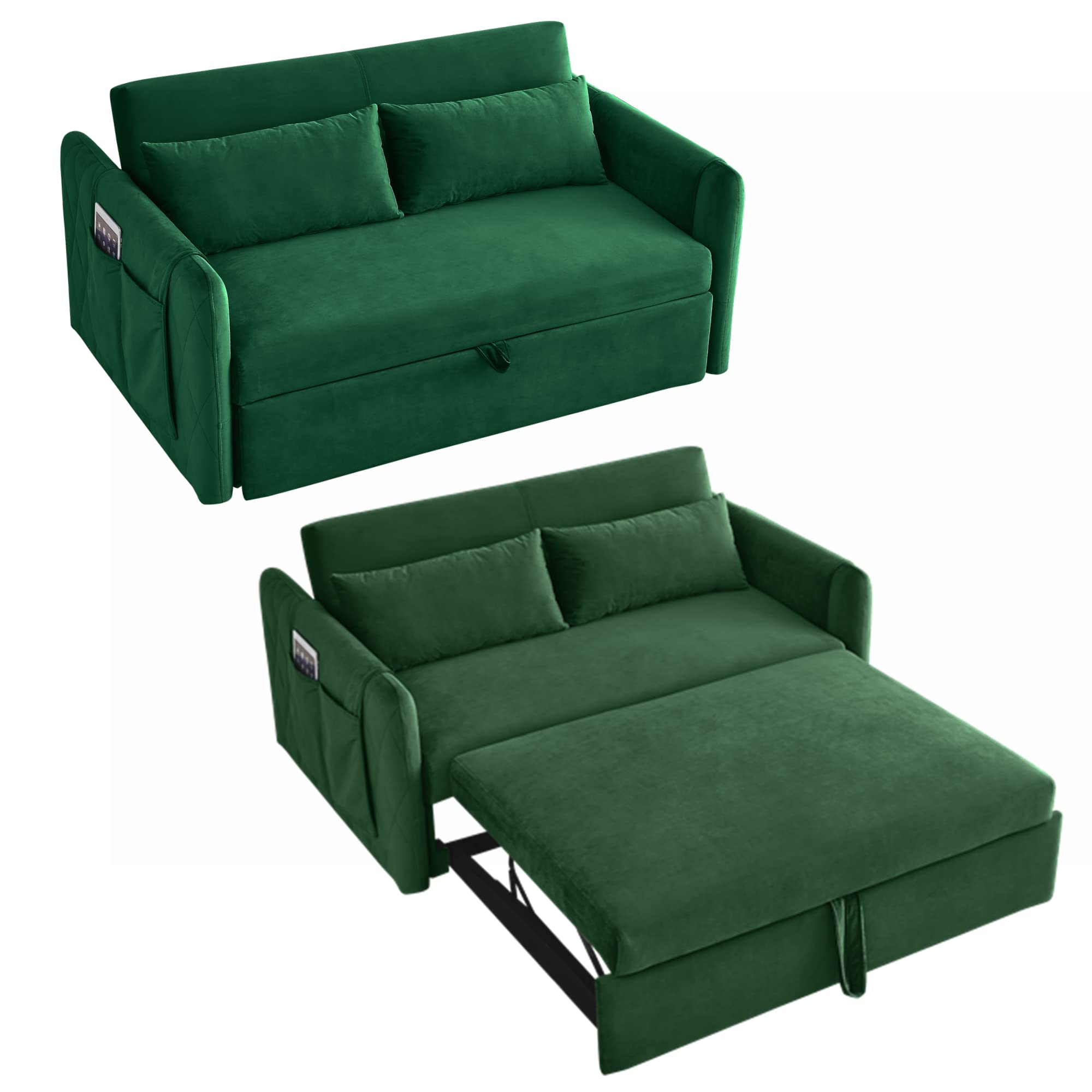 Ucloveria Sleeper Bed Sofa Bed, 3-in-1 Pull Out Couch Bed with 2 Detachable Arm Pockets/Adjustable Back Loveseat Futon Sofa Couch for Living Room Bedroom, Velvet Black