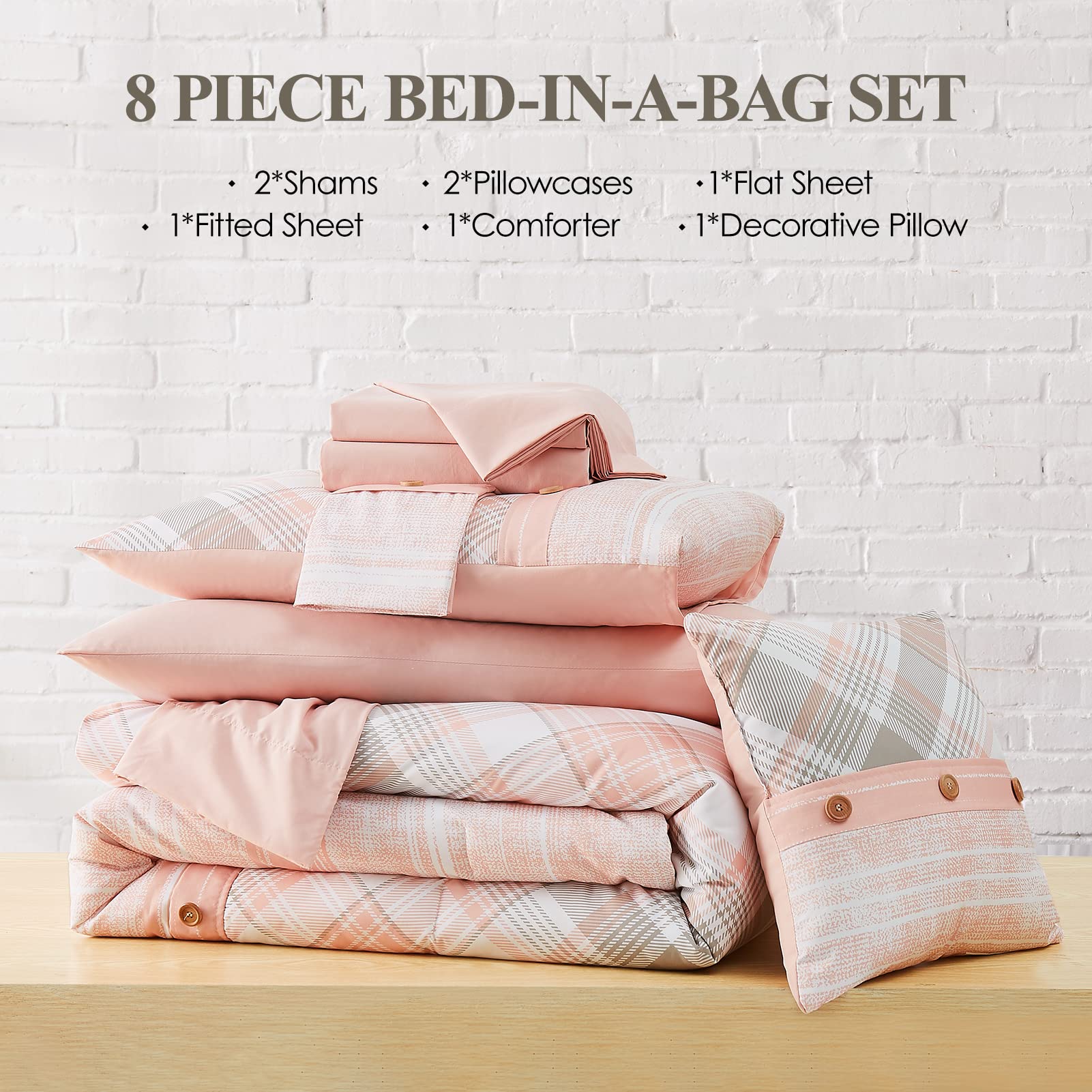 WRENSONGE Pink Queen Comforter Set, 7 Pieces Soft Microfiber King Size Comforter with Fitted Sheet, Flat Sheet, 2 Pillow Shams, and 2 Pillowcases- Khaki Warm King Bedding Set for All Season
