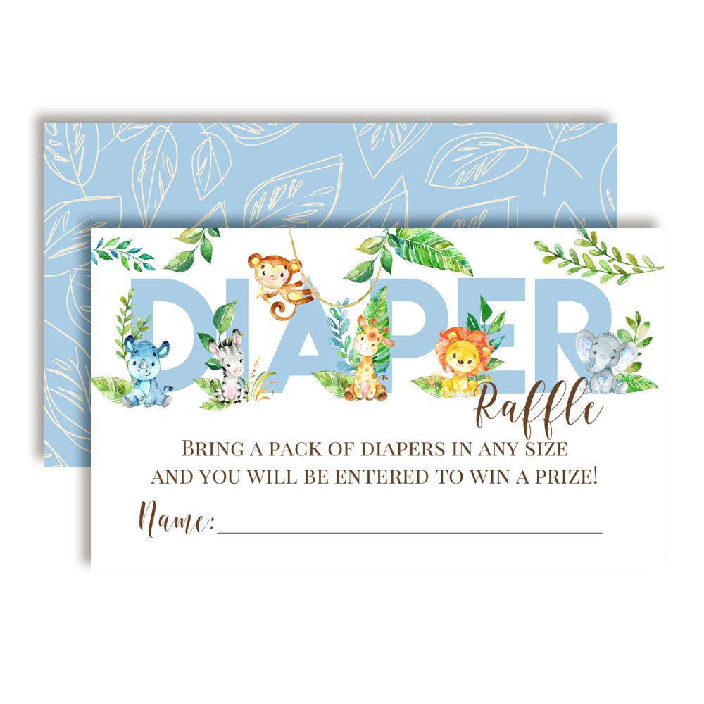 Watercolor Jungle Animals Diaper Raffle Tickets for Boy Baby Showers, 20 2" X 3” Double Sided Insert Cards for Games by AmandaCreation, Bring a Pack of Diapers to Win Favors & Prizes!