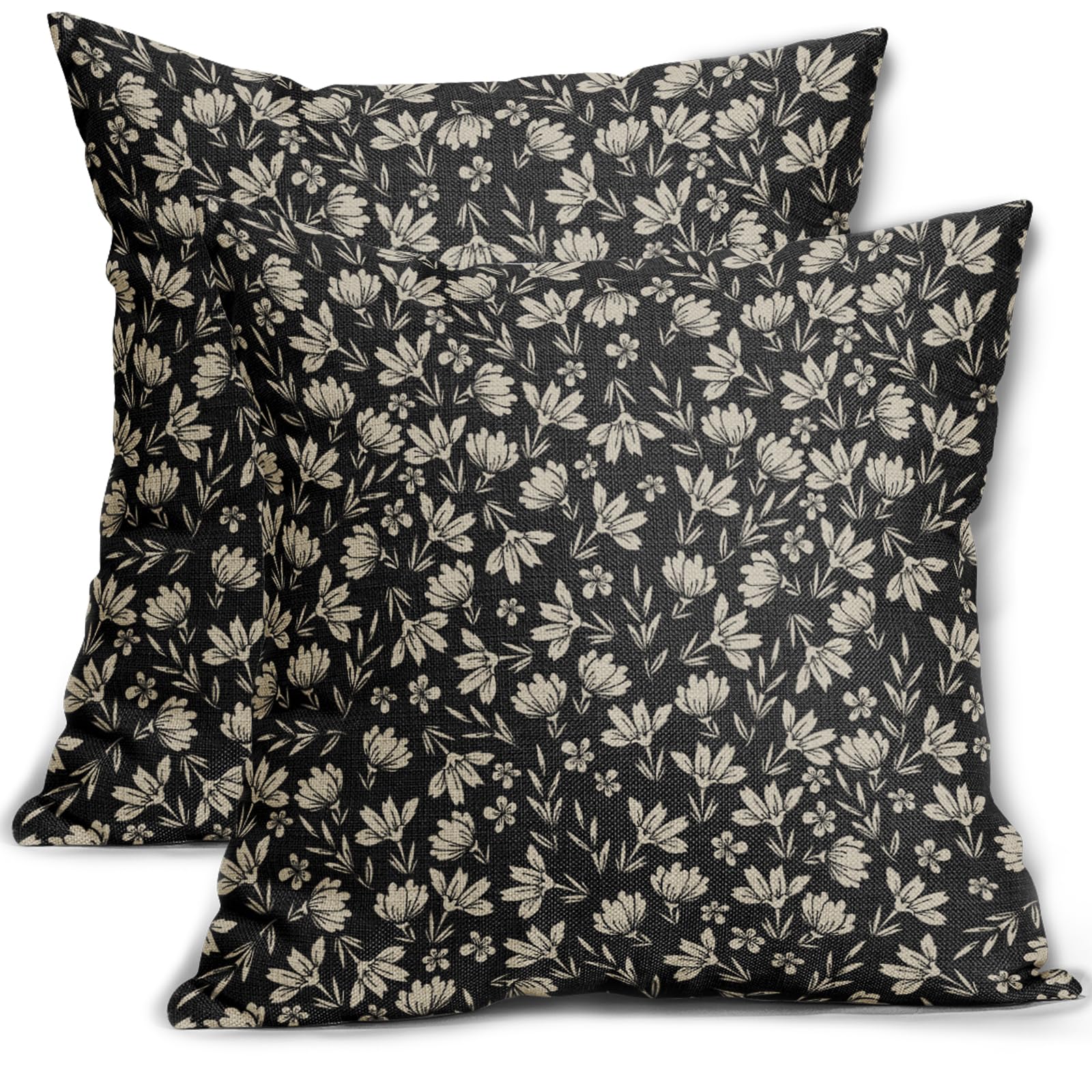 Vintage Flower Pillow Covers 18x18 Set of 2 Rustic Cute Small Floral Black Brown Old Style Decorative Throw Pillows Outdoor PillowCase Farmhouse Linen Cushion Case Decor for Home Sofa Couch Bed