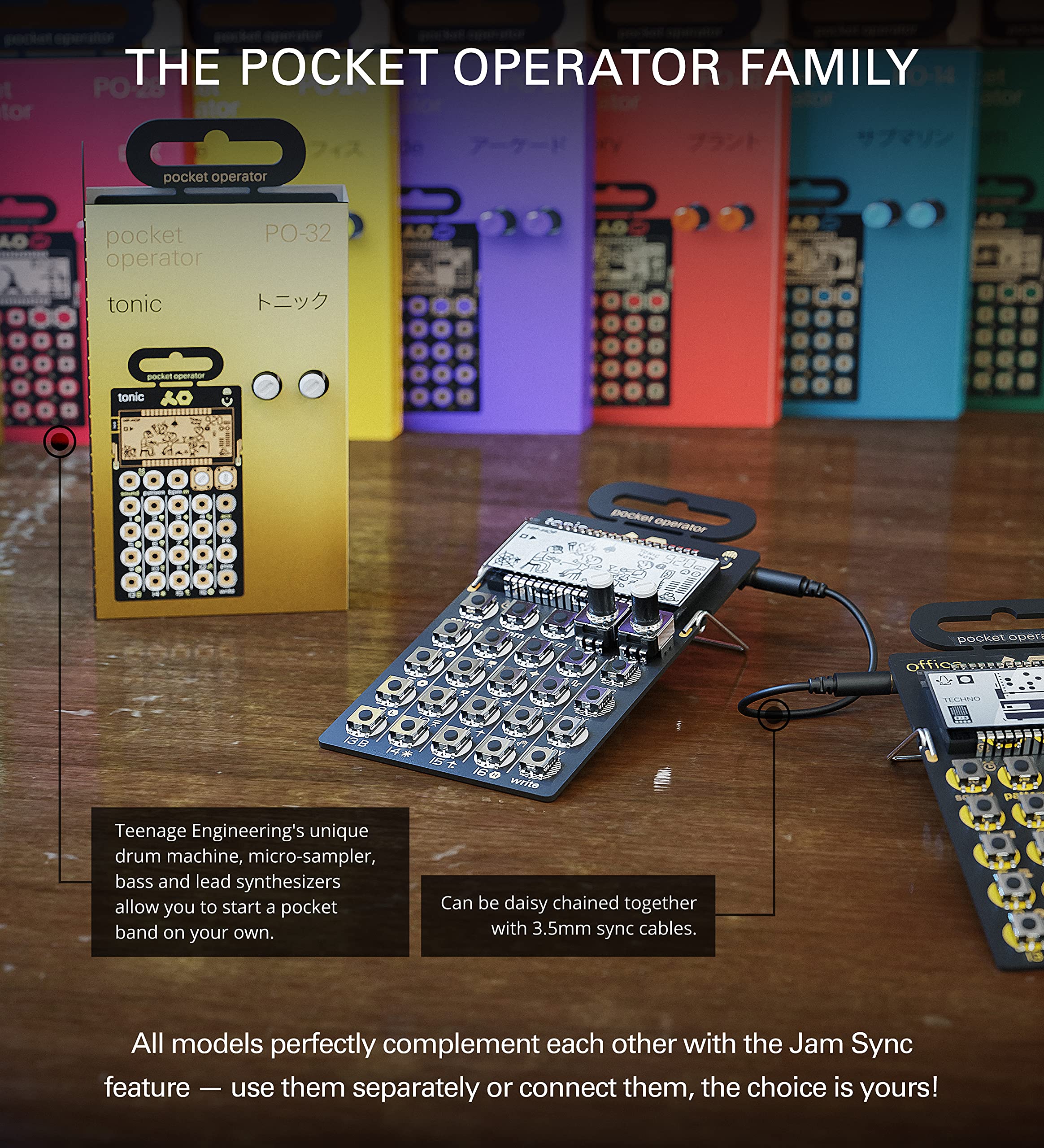 teen age engineering PO-32 Pocket Operator Tonic Drum Synth Bundle with Samson SR350 Over-Ear Stereo Headphones, Blucoil 3-Pack of 7" Audio Aux Cables, and 4 AAA Batteries