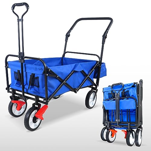 Wrilibo Collapsible Folding Wagon with Wheels Brakes Heavy Duty Outdoor Utility Wagon Cart All Terrain Foldable Beach Wagon with Adjustable Handle Garden Cart with Side Pockets, Blue