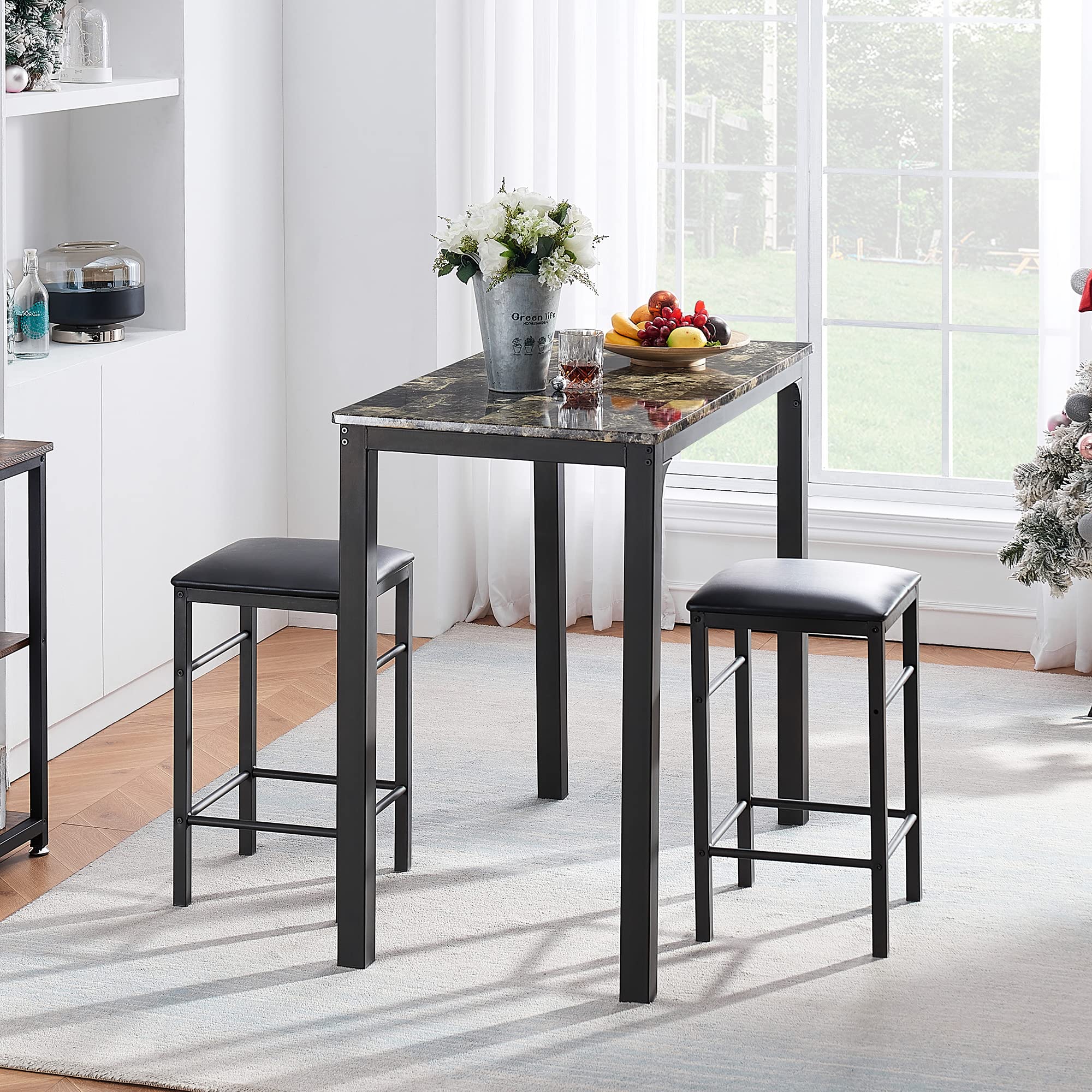 VECELO 3-Piece Pub Counter Height Breakfast Table with 2 Bar Stools, Dining Set for 2, Dark Brown