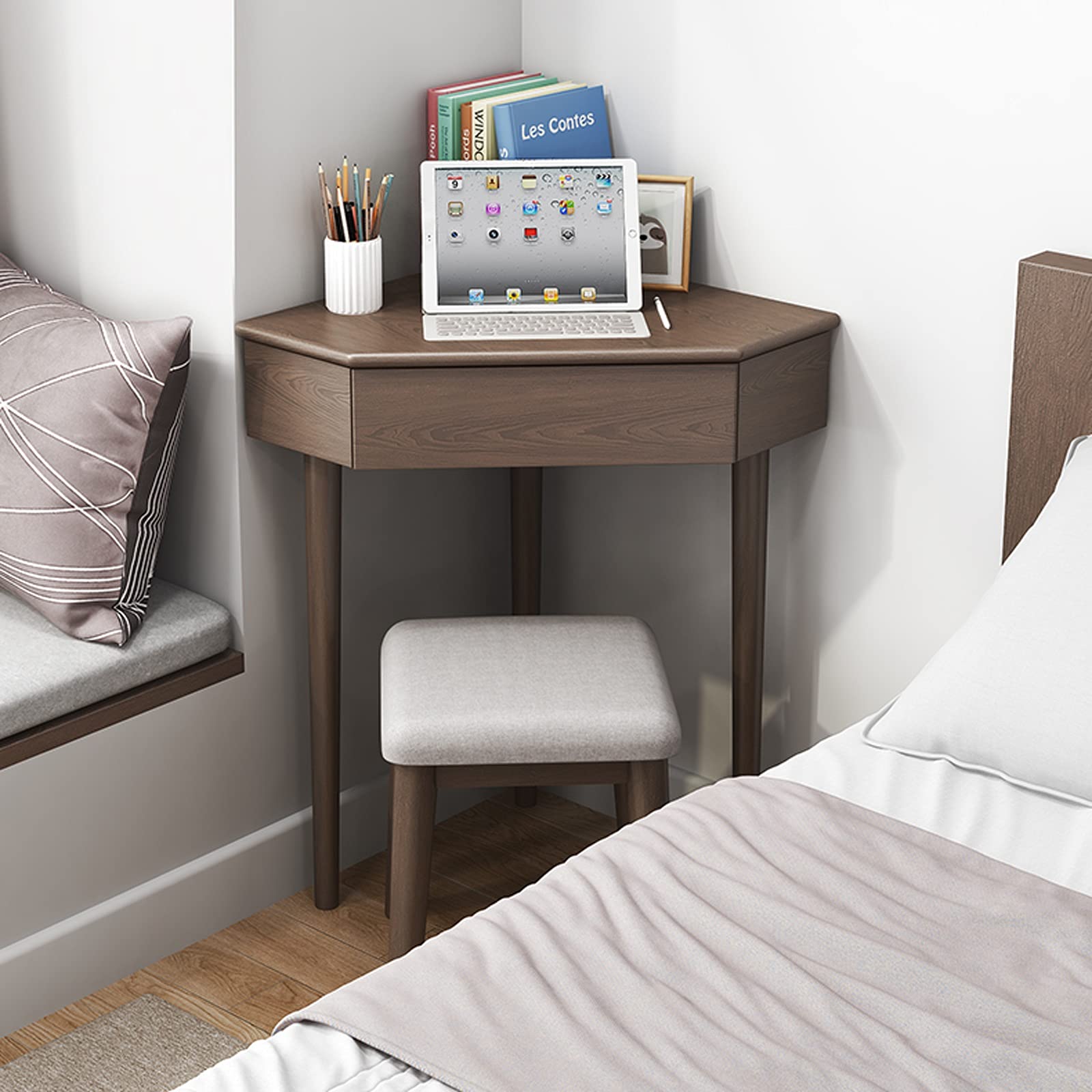 Writing Study Desk, Wooden Corner Desk Rugged Home Desk Study Table with Triangle Table Top Compact Work Desk with 2 Small Drawers and Storage Compartments ,Computer Workstation for Home & Office ( Co