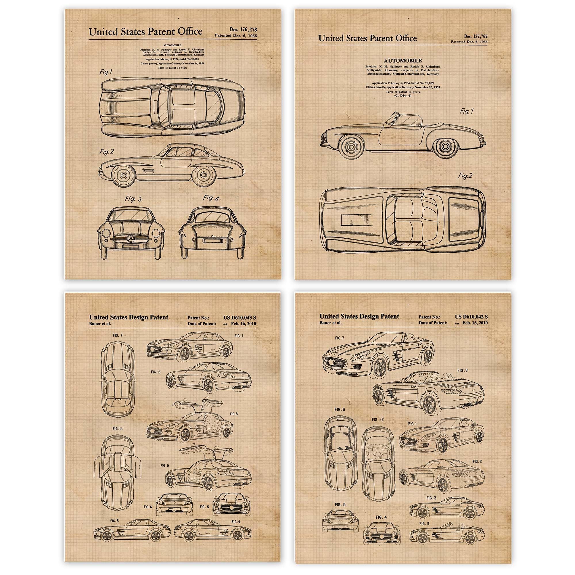 Vintage Mercedes Auto Patent Prints, 4 (8x10) Unframed Photos, Wall Art Decor Gifts for Home Office Gears Garage Shop Engineer School College Student Teacher Coach F1 AMG Racing Team Championship Fans