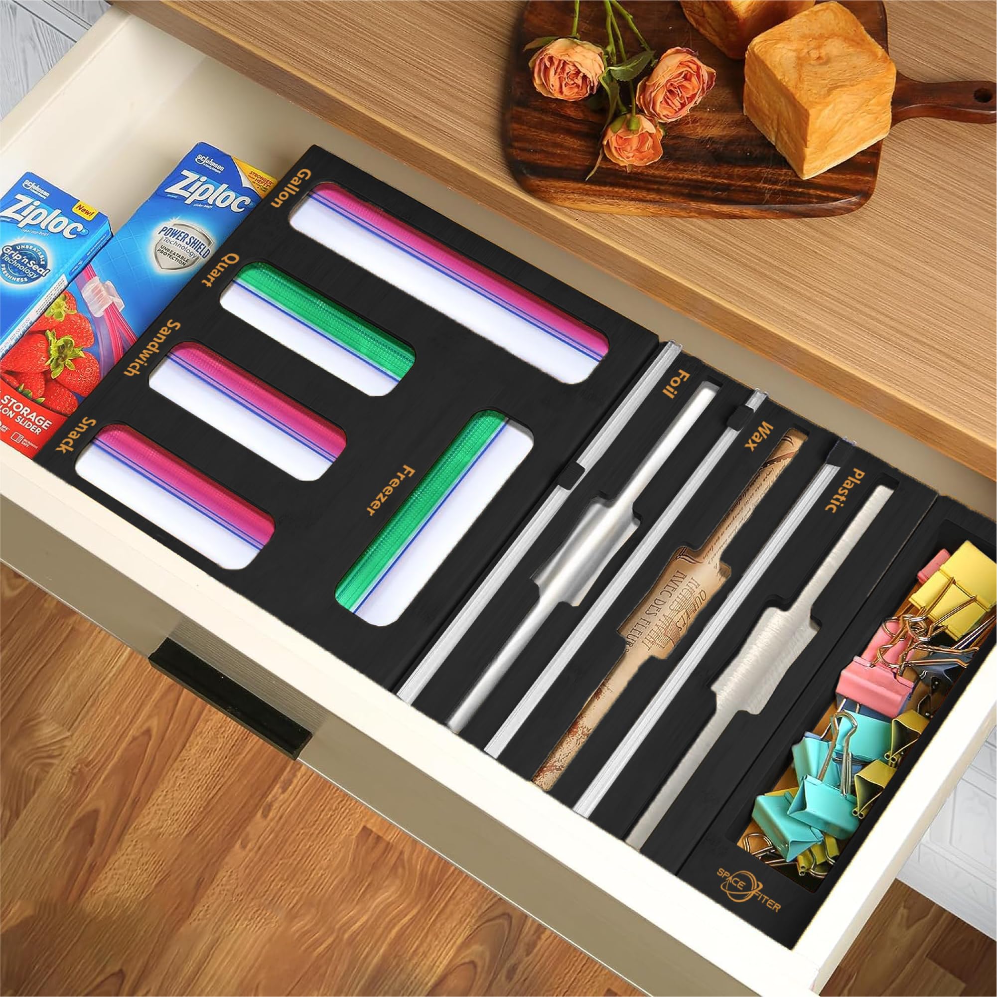 Ziplock Bag Organizer - 9 IN 1 Bamboo Foil and Plastic Wrap Organizer for Drawer - Space-Saving Storage Bag Organizer for Easy Access - Perfect Plastic, Ziploc, Foil & Sandwich Bag Organizer