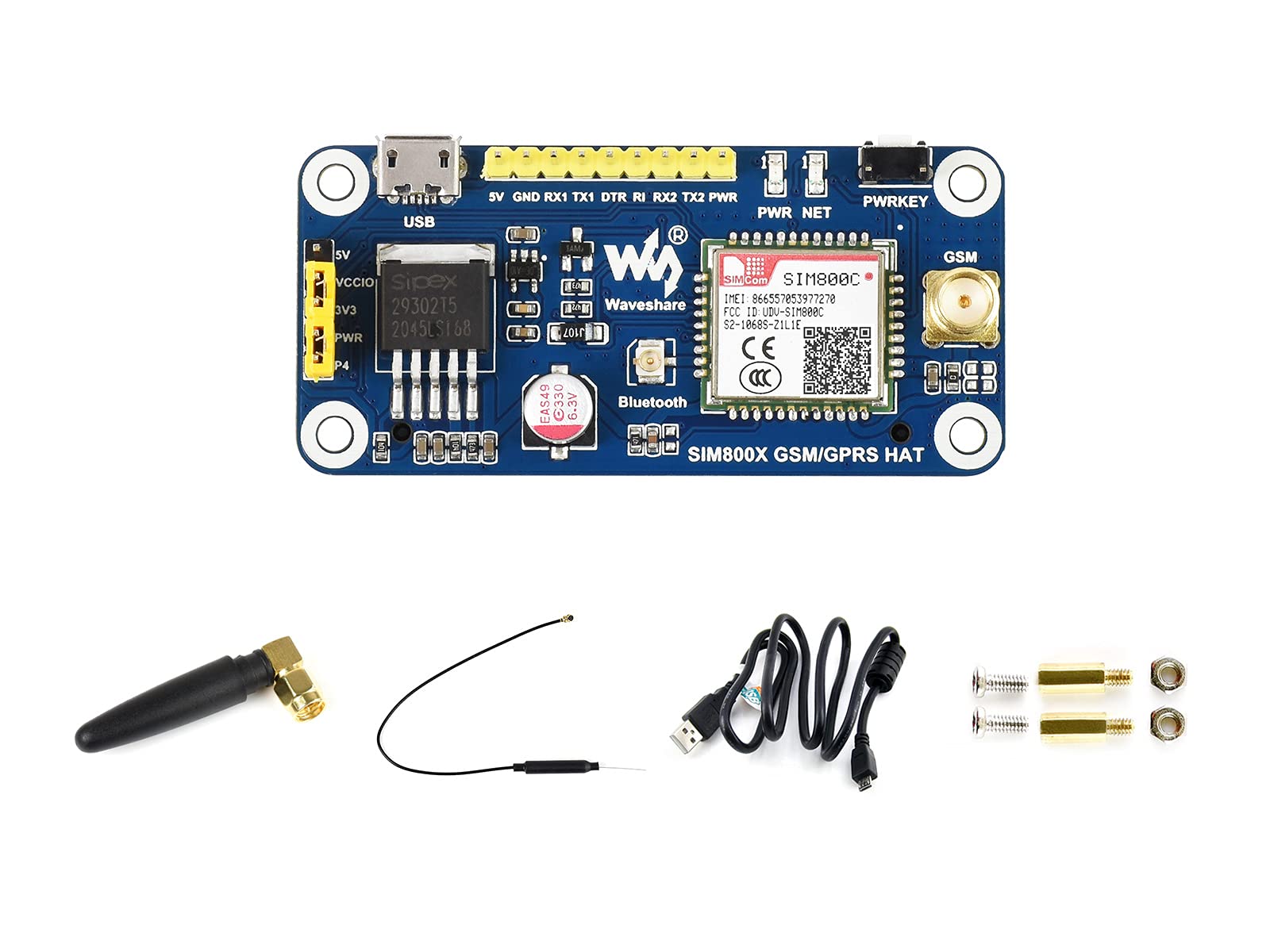 Waveshare GSM/GPRS HAT for Raspberry Pi 2B/3B/3B+/Zero/Zero W/Jetson Nano Based on SIM800C Support SMS Data Transfer ect