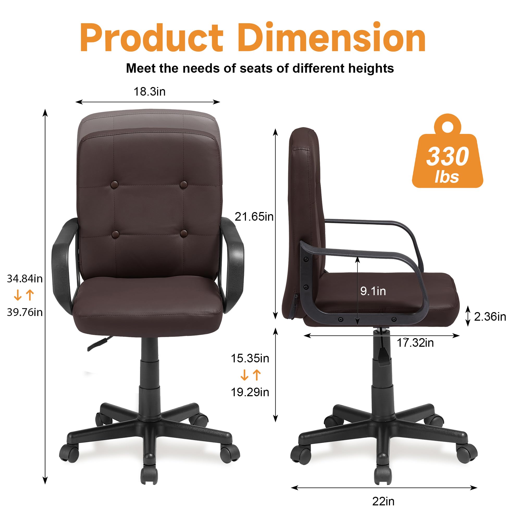 VECELO Home Office Desk Chair with Armrests,Mid Back Adjustable Height, 360-Degree Swivel, 330 Pound Capacity, Coffee, Set of 1