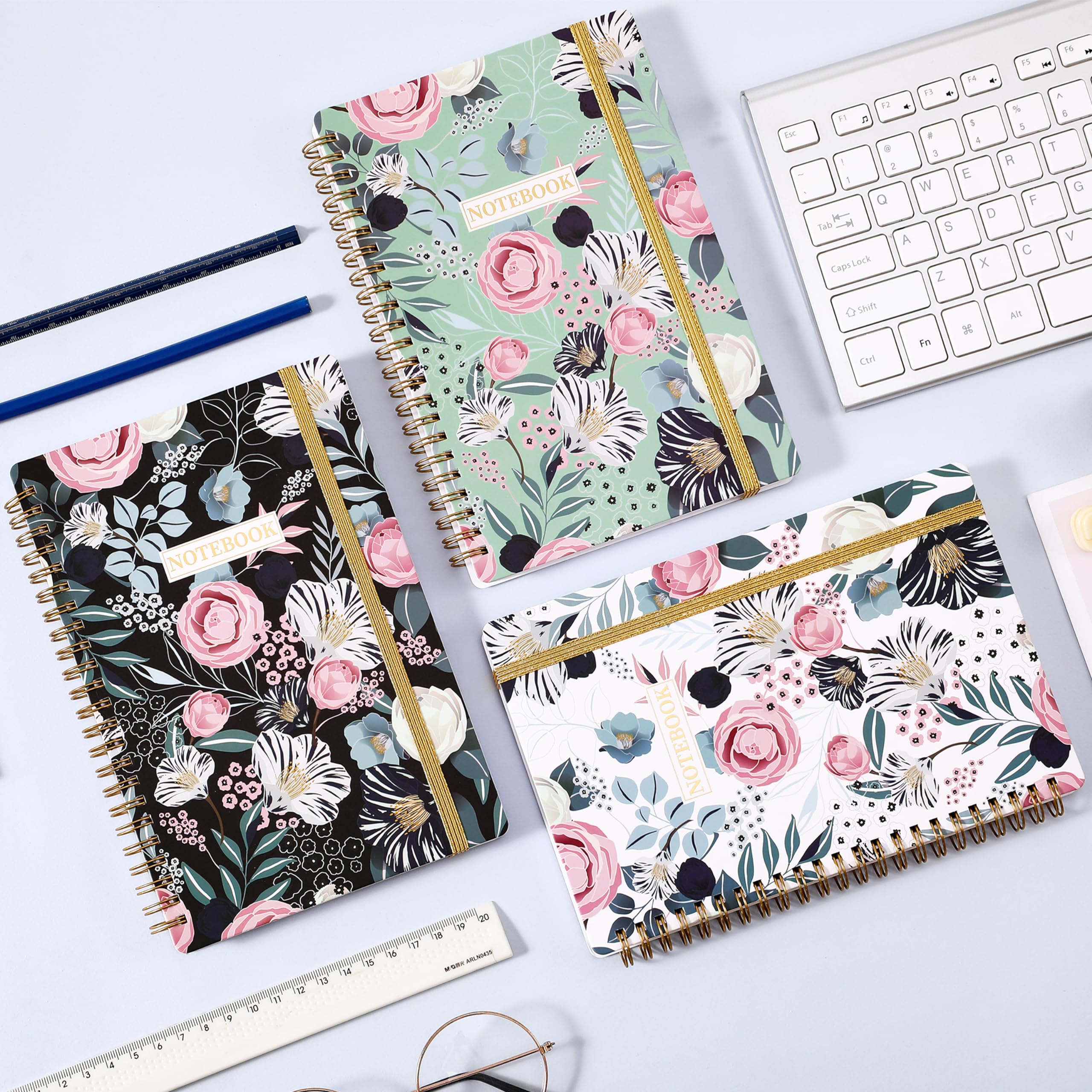 Spiral Notebook - 3 Pack A5 Lined Notebook, Spiral Journal for Women, 5.7" x 8.4", 160 Pages, College Ruled Writing Notebook with Back Pocket, 100gsm Paper, Elastic Closure for Office & School