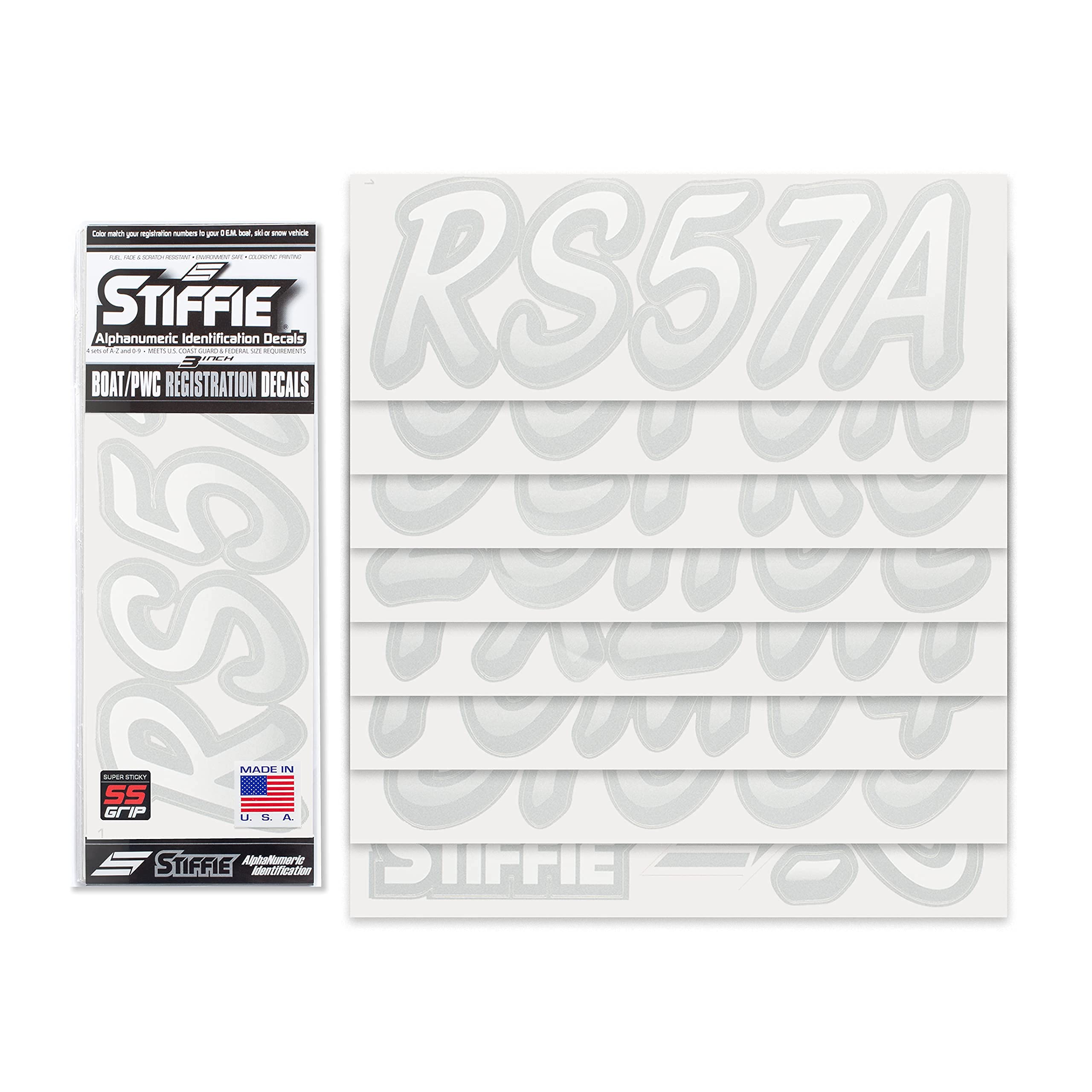STIFFIE Whipline White/Silver SUPER STICKY 3" Alpha Numeric Registration Identification Numbers Stickers Decals for Sea-Doo SPARK, Inflatable Boats, RIBs, Hypalon/PVC, PWC and Boats.