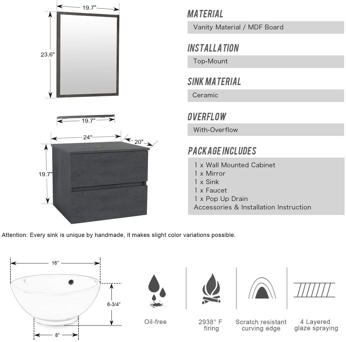 U-Eway 24 Wall Mounted Bathroom Vanity and Sink Combo,Concrete Grey Color Vanity Set with 2 Drawers,White Ceramic(Round) Vessel Sink Top,W/Polish Faucet,Pop Up Drain,Mirror Inc