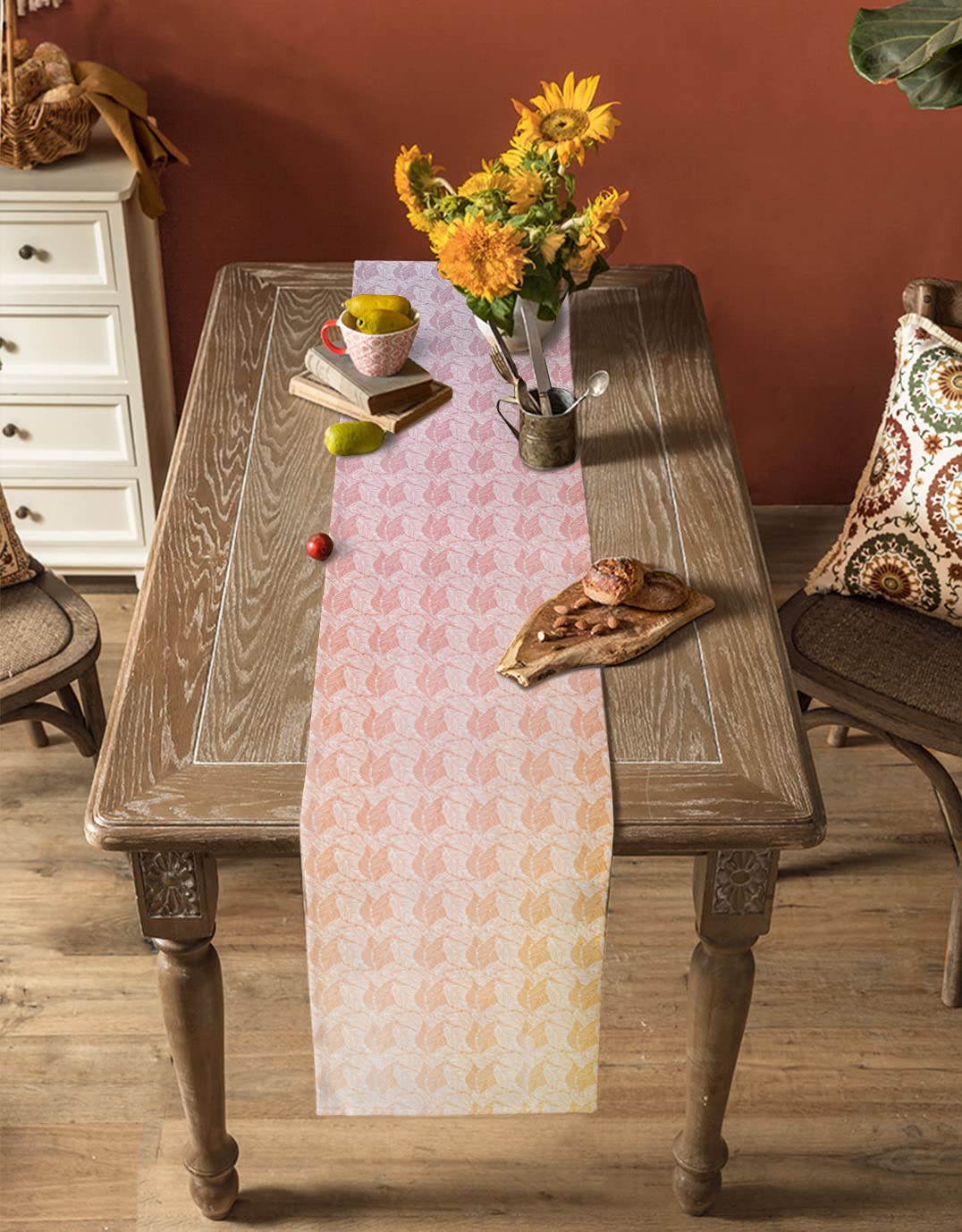 Table Runner 48 Inches Long Plant Gradient Bay Leaf Palm Tree Leaf Cotton Linen Table Runners Heat Resistant Washable Kitchen Table Runner for Dining Room 13x48in