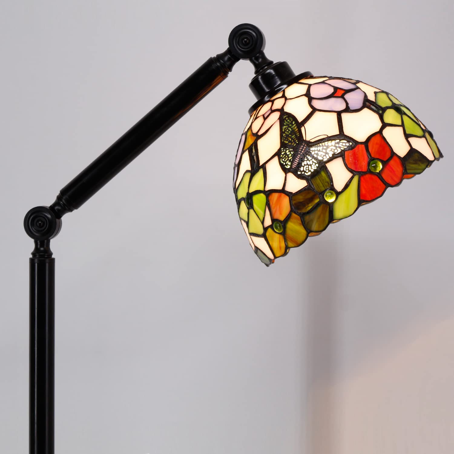 ZJART Tiffany Floor Lamp Torches Stained Glass Lamp 8X8X72 Inch Swivel Arm Angle Adjustable Antique Reading Light (Butterfly Flowers)