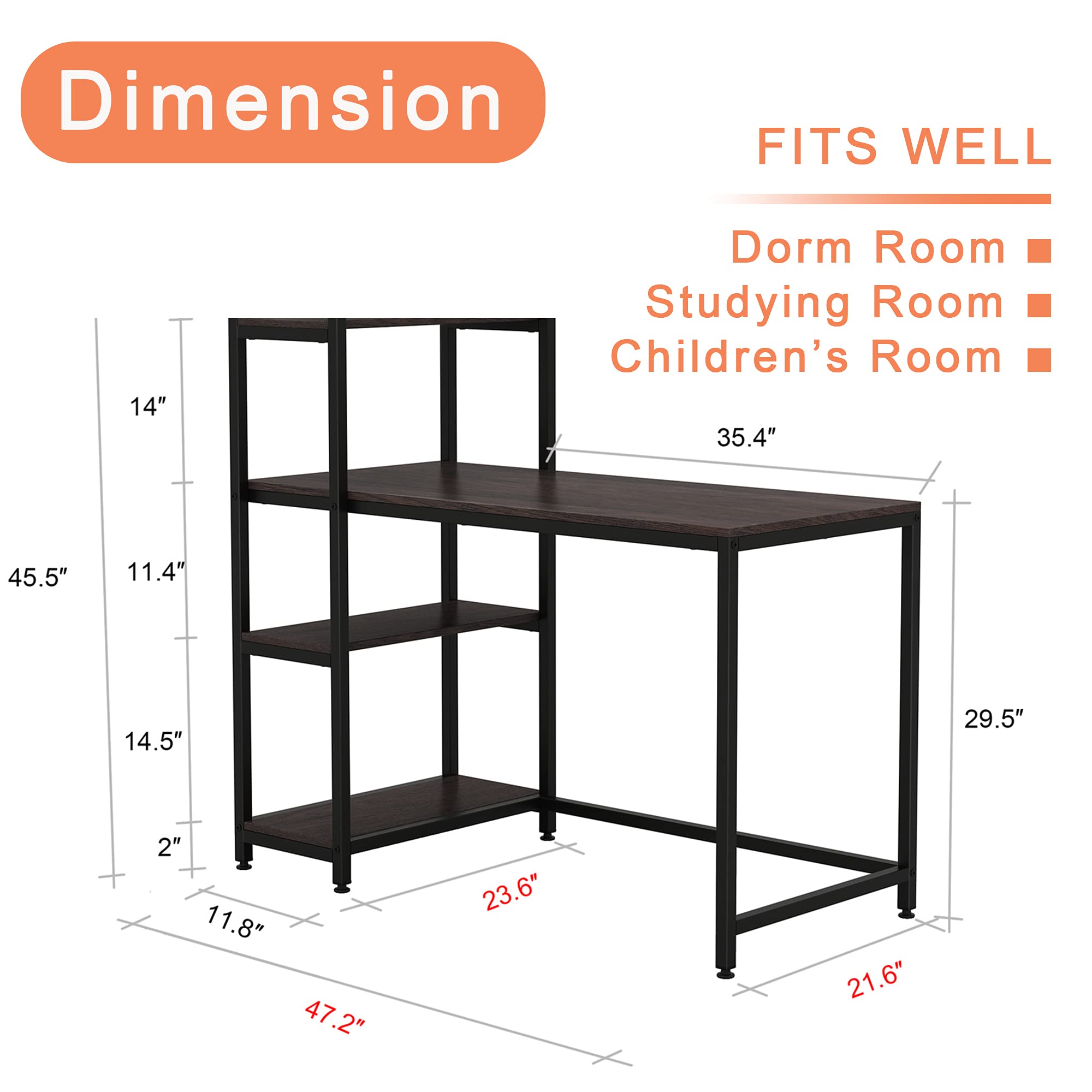 XINDACLOVER Study Table 47 inch Desk, Computer Desk with Storage Shelves, Work Table for Home Office, Modern Simple Style Laptop Table for Bedroom Small Spaces,Study Writing Working Table (Black Oak)